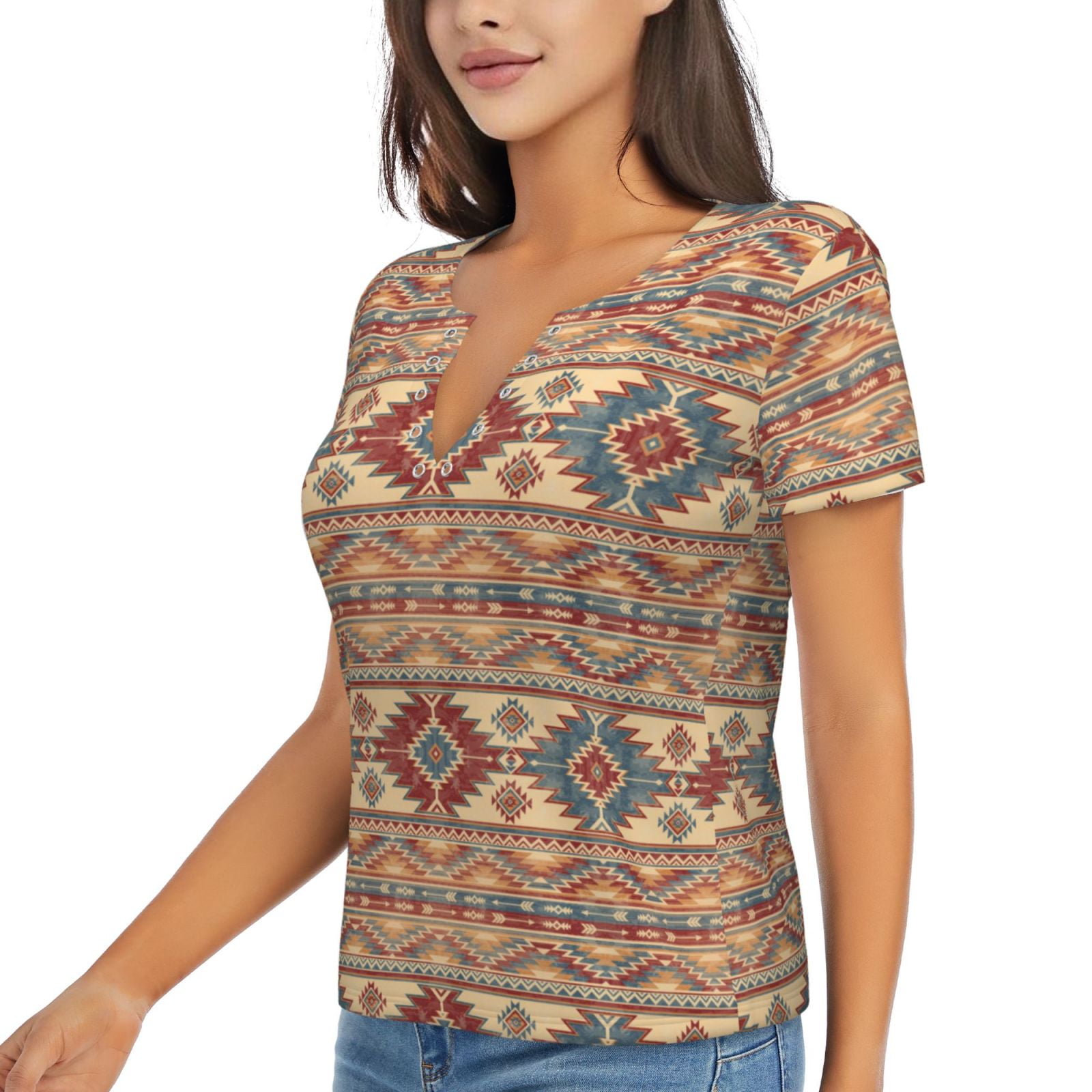 Goofa Traditional Tribal Aztec Pattern Womens Deep V Neck Low Cut Tops ...