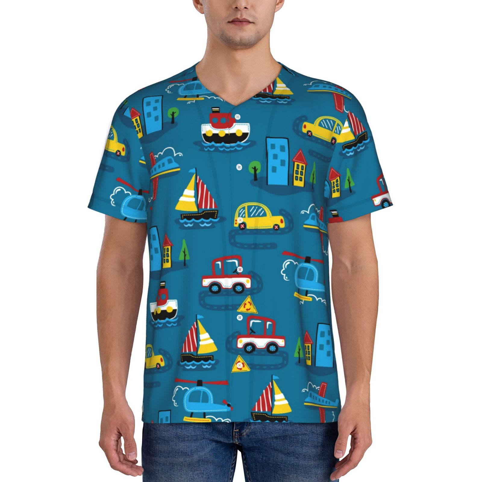 Goofa Transportations with Buildings Pattern Mens Golf Shirt Baseball T ...