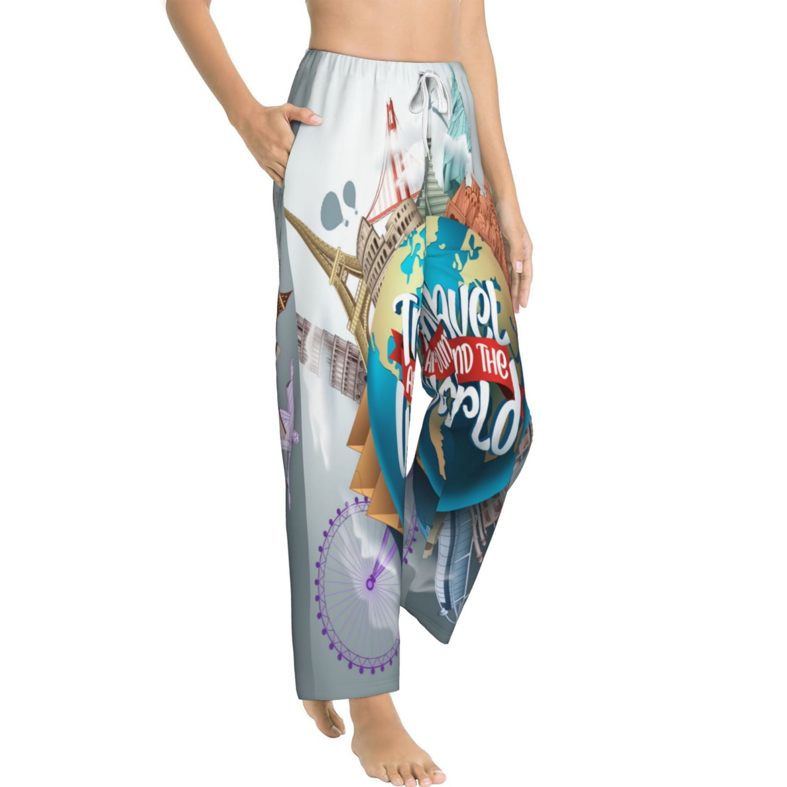 Goofa Travel Around The World Printed Soft Pajama Pants for Women, Wide ...