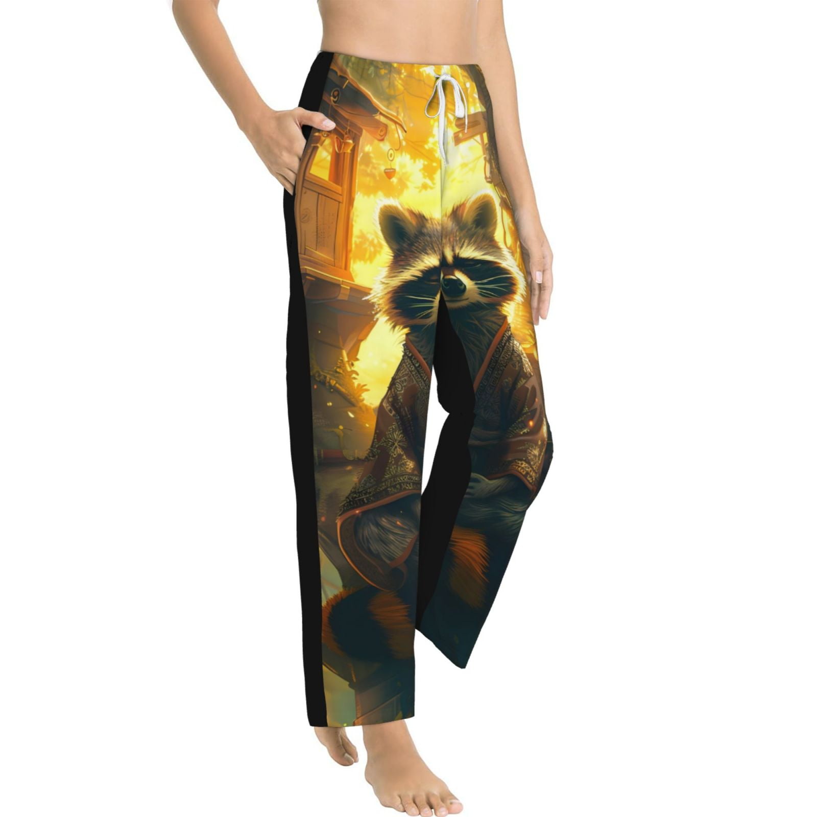 Goofa Tree Meditating Raccoon Printed Soft Pajama Pants for Women, Wide ...