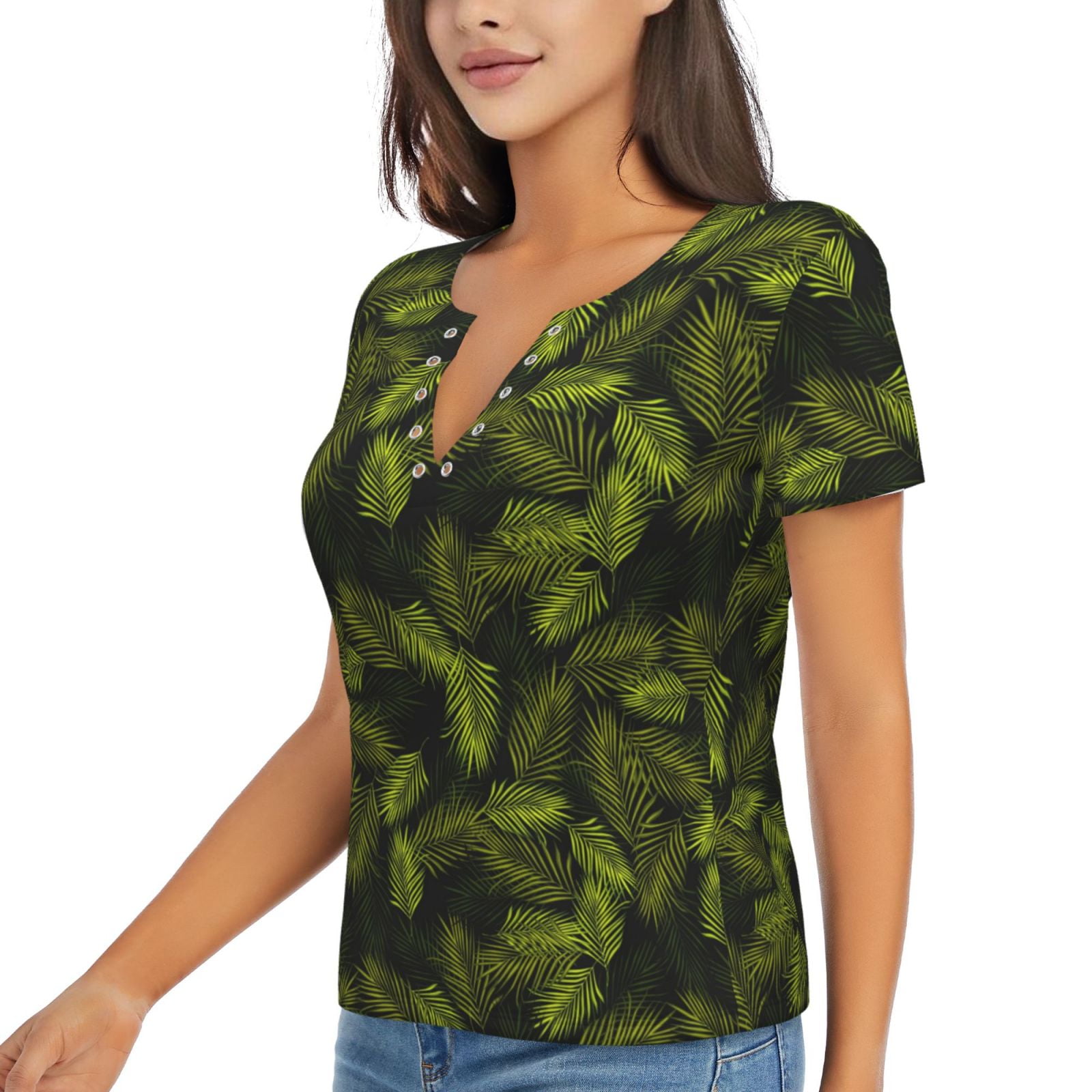 Goofa Tropical Palm Leaves Fern Leaf Pattern Womens Deep V Neck Low Cut ...