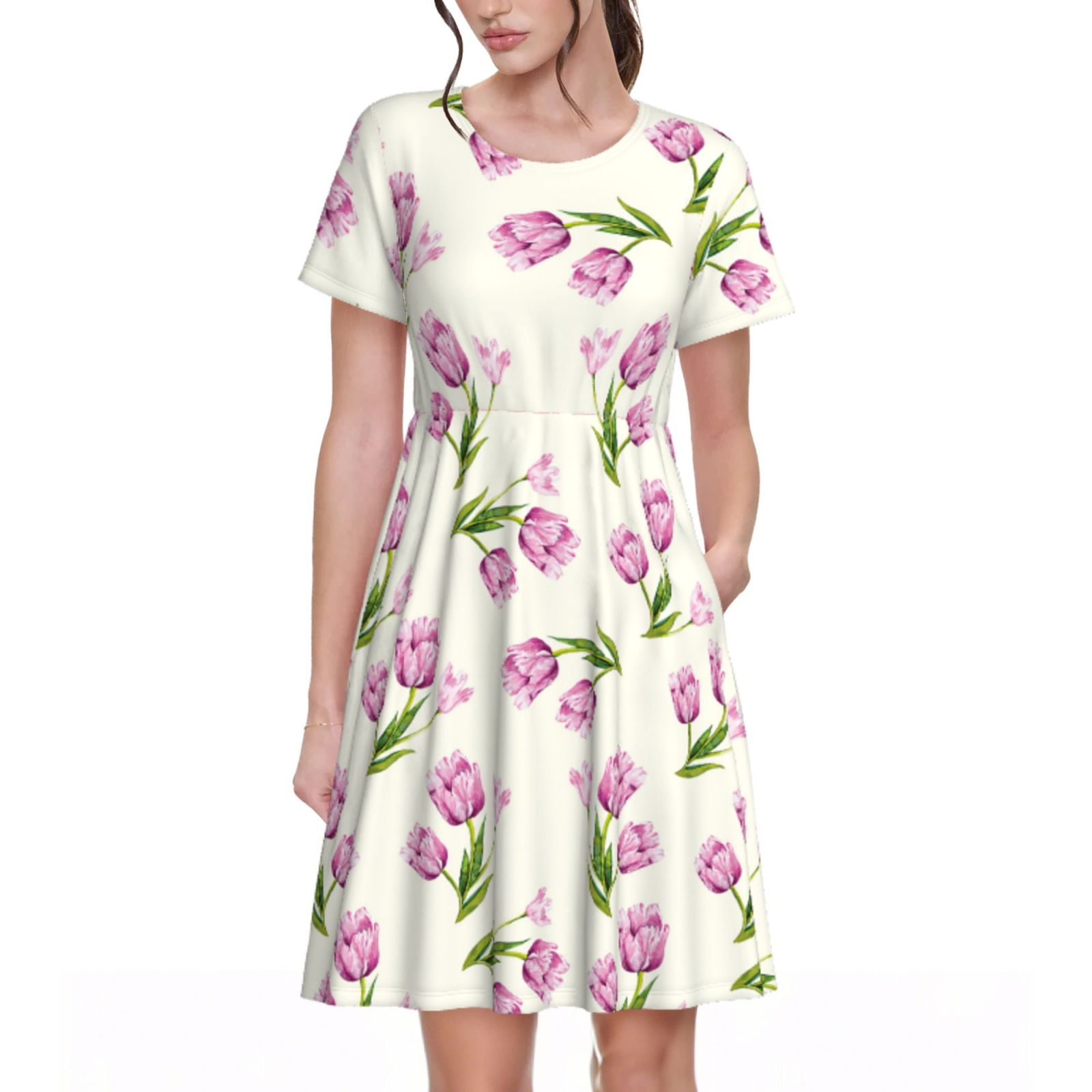 Goofa Tulips Flowers Pattern Women Summer Short Sleeve Midi Dress with ...