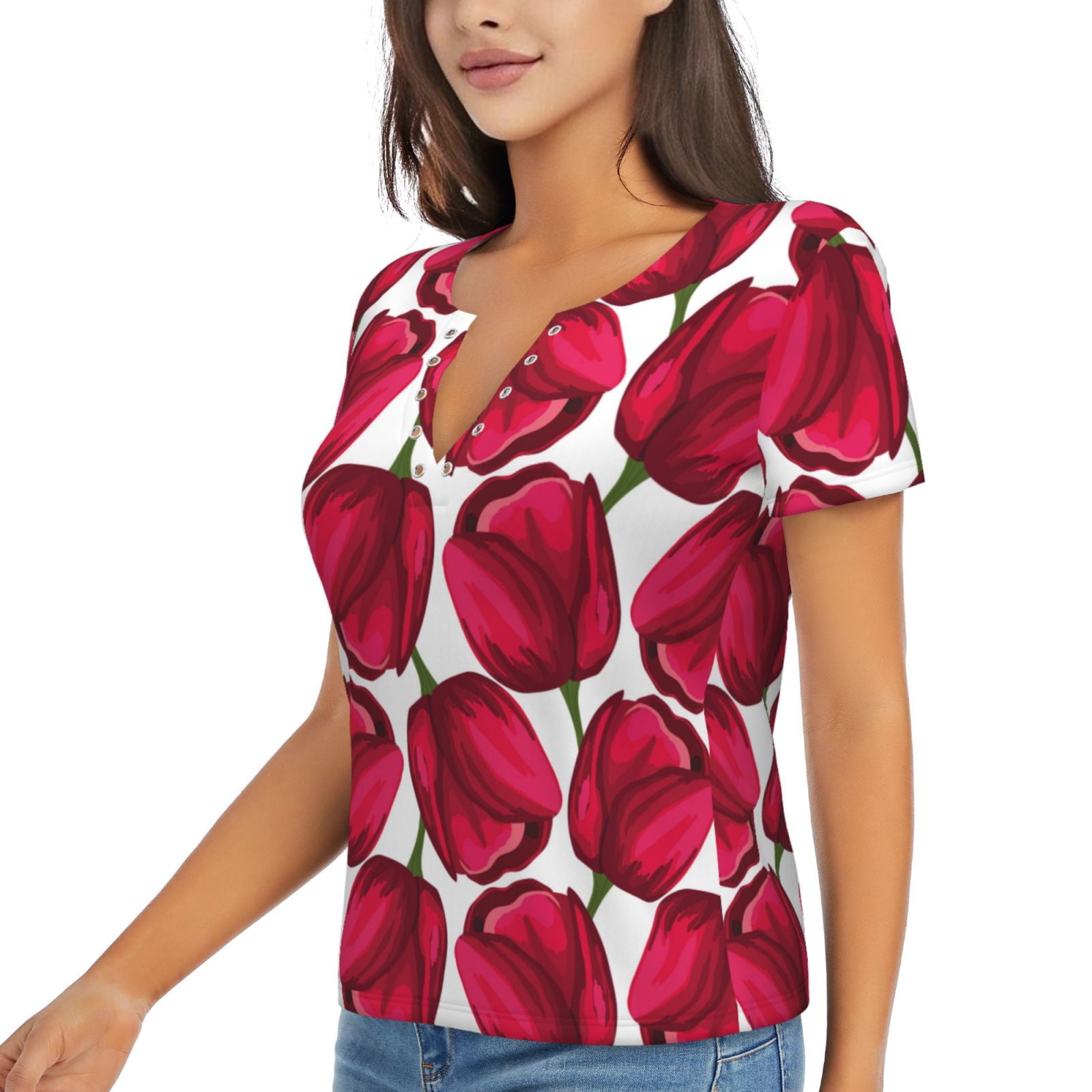 Goofa Tulips Flowers Pattern Womens Deep V Neck Low Cut Tops Casual ...