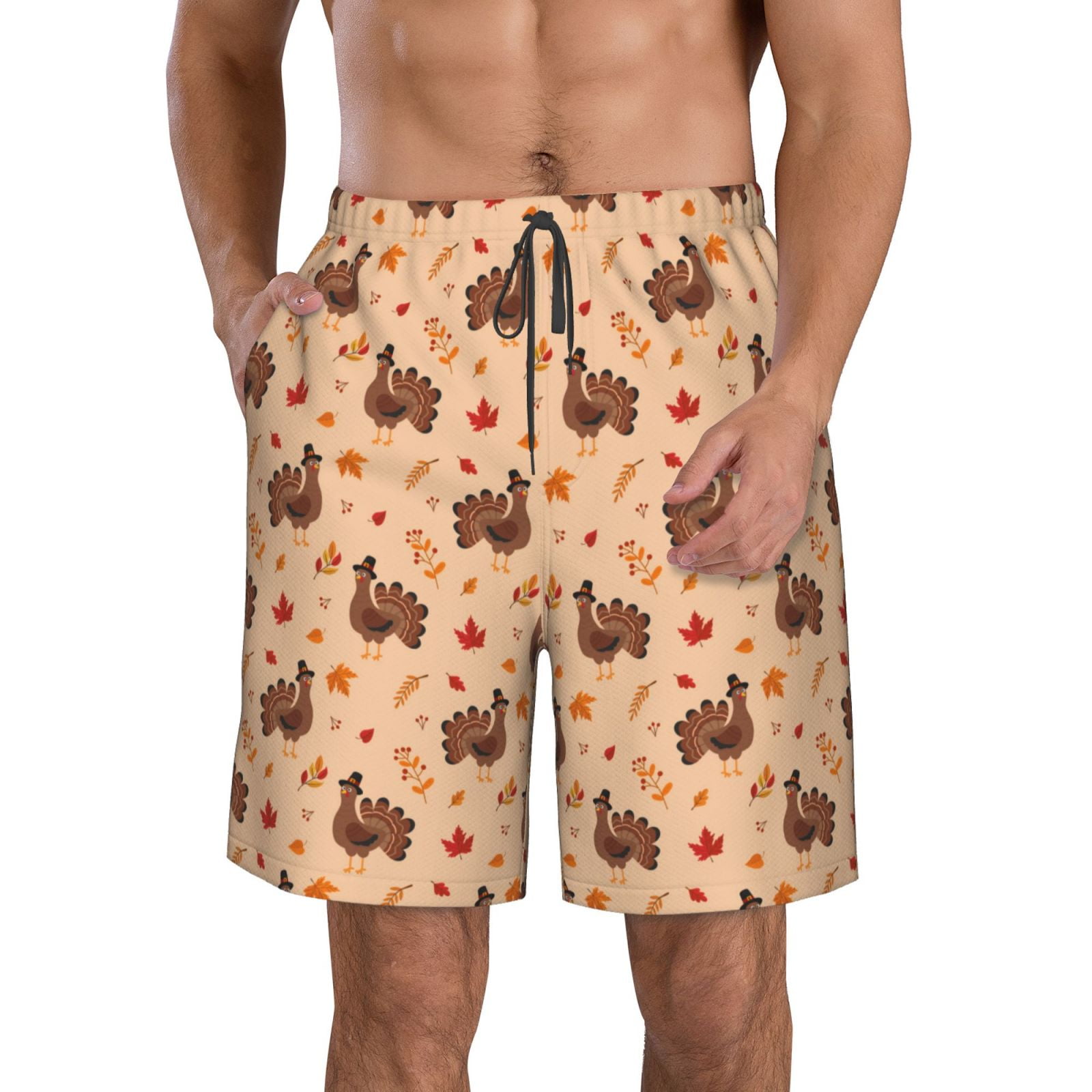 Goofa Turkey And Autumn Leaves Printed Mens Swim Trunks Summer Quick ...