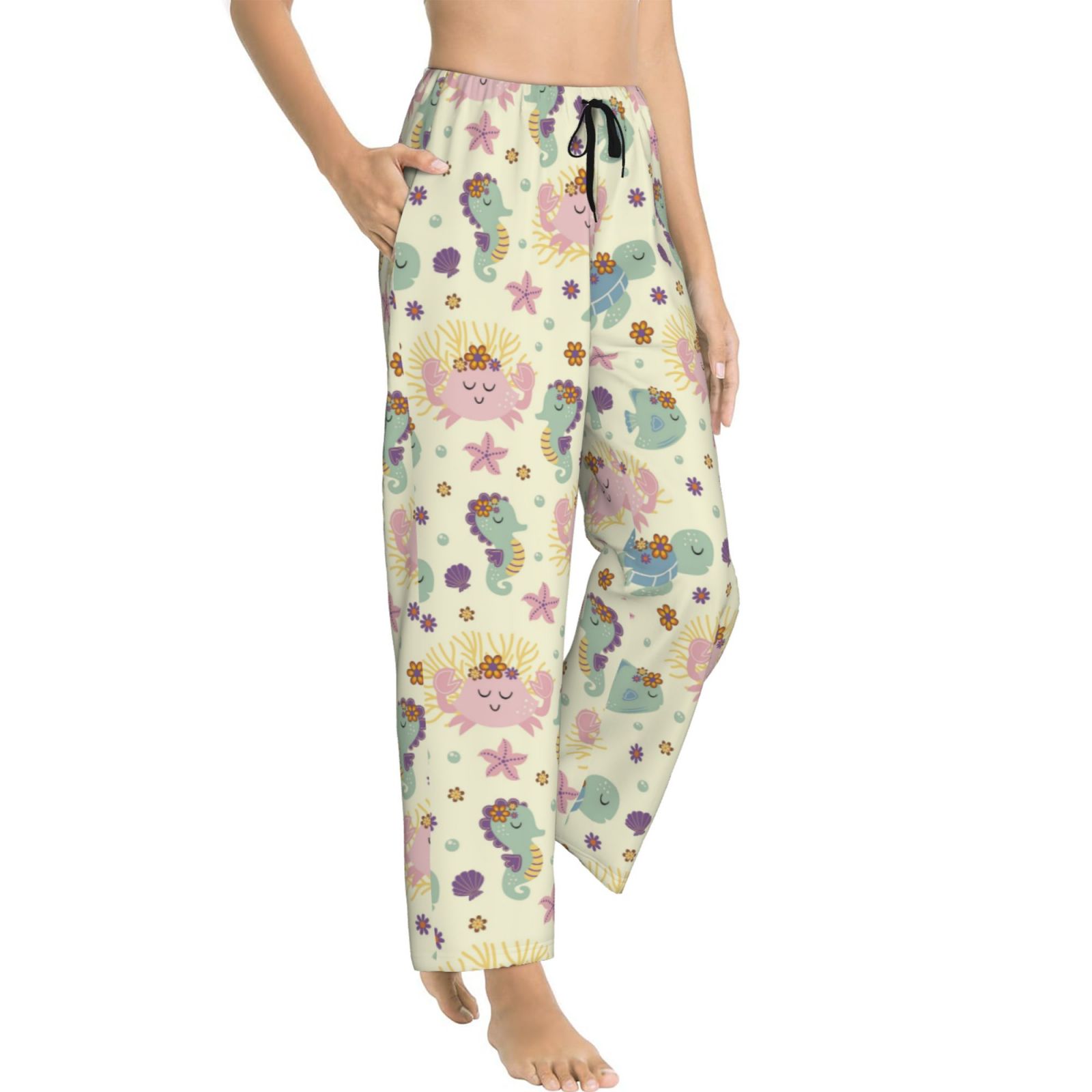 Goofa Turtle Crab Sea Horse Printed Soft Pajama Pants for Women, Wide ...