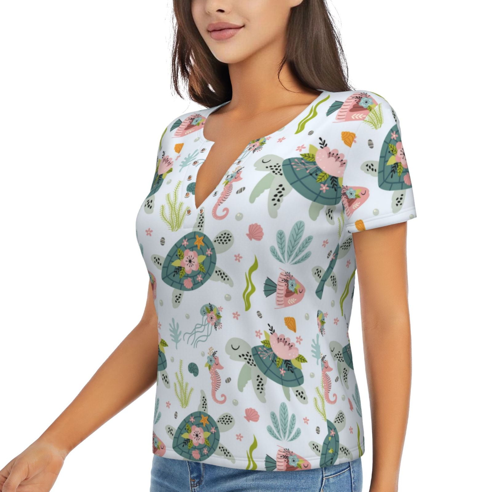 Goofa Turtle and Sea Life Pattern Womens Deep V Neck Low Cut Tops ...