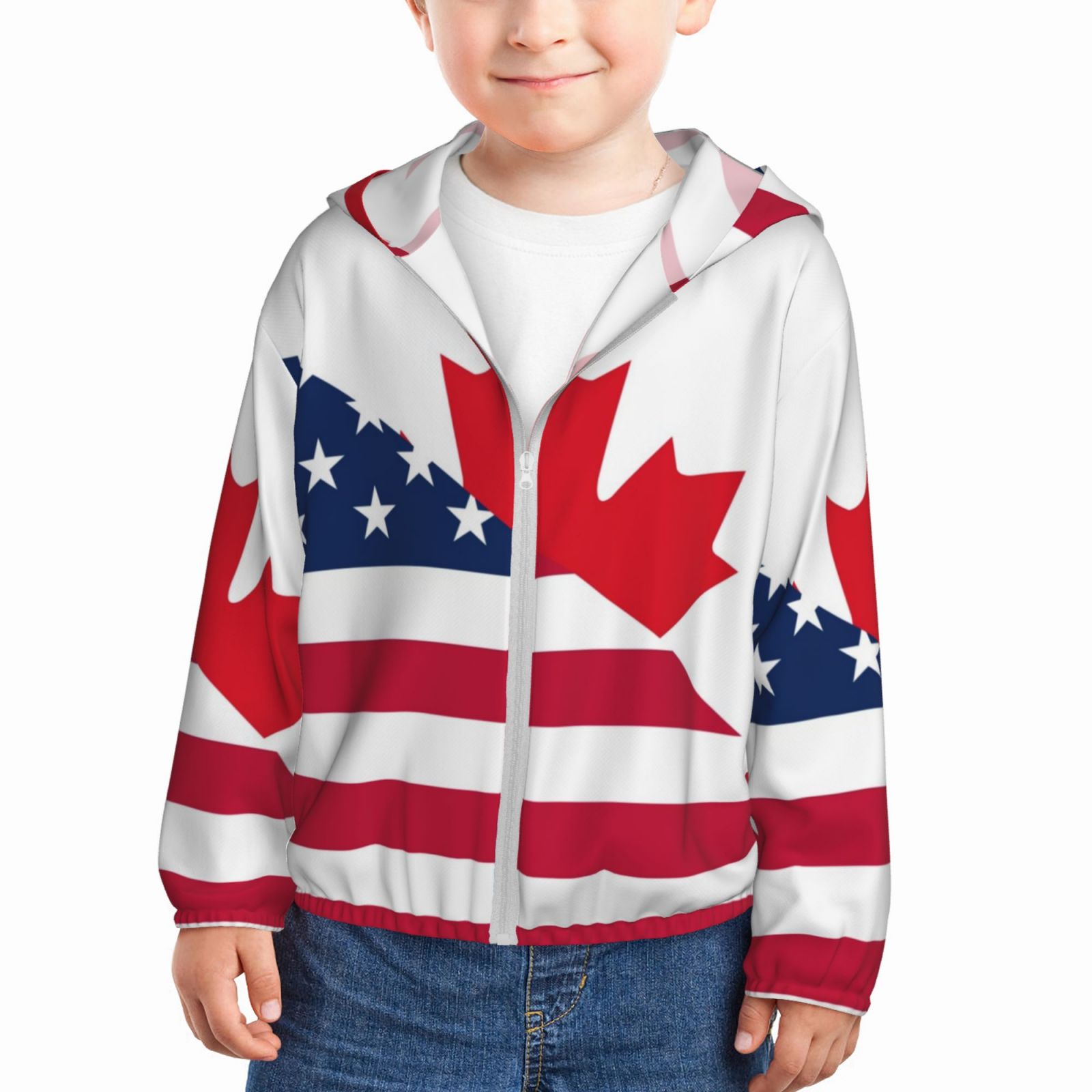 Goofa USA Canada Flag Printed Kids Zip-Up Hoodie Girls Boys UPF50+ Sun Protection Jacket Hooded ...