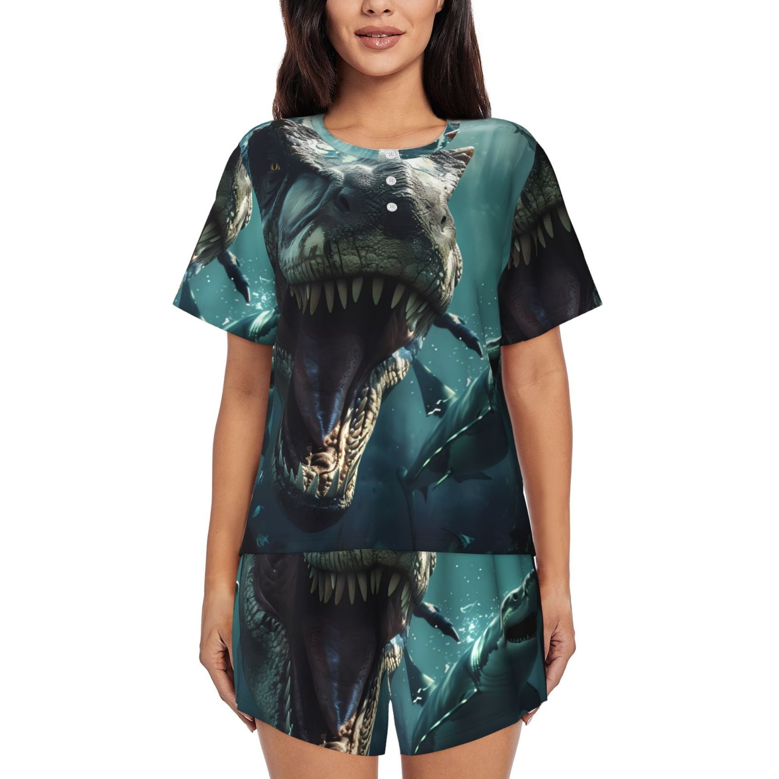 Goofa Underwater Dinosaur Shark for Womens Cotton 2 Piece Pajamas Set ...