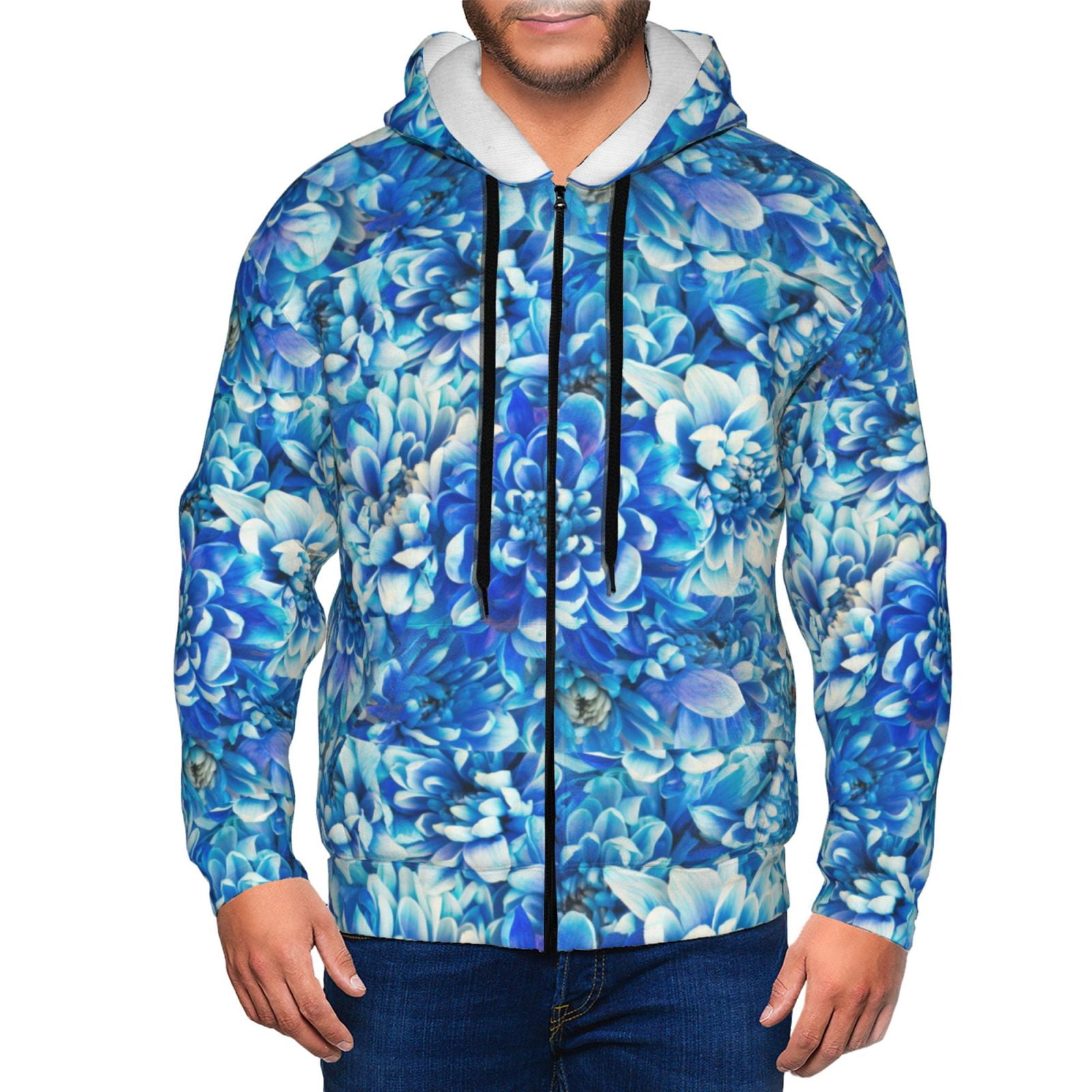 Goofa Vibrant Blue Floral Pattern Mens Full-zip Hoodie, Zip-up Pullover ...