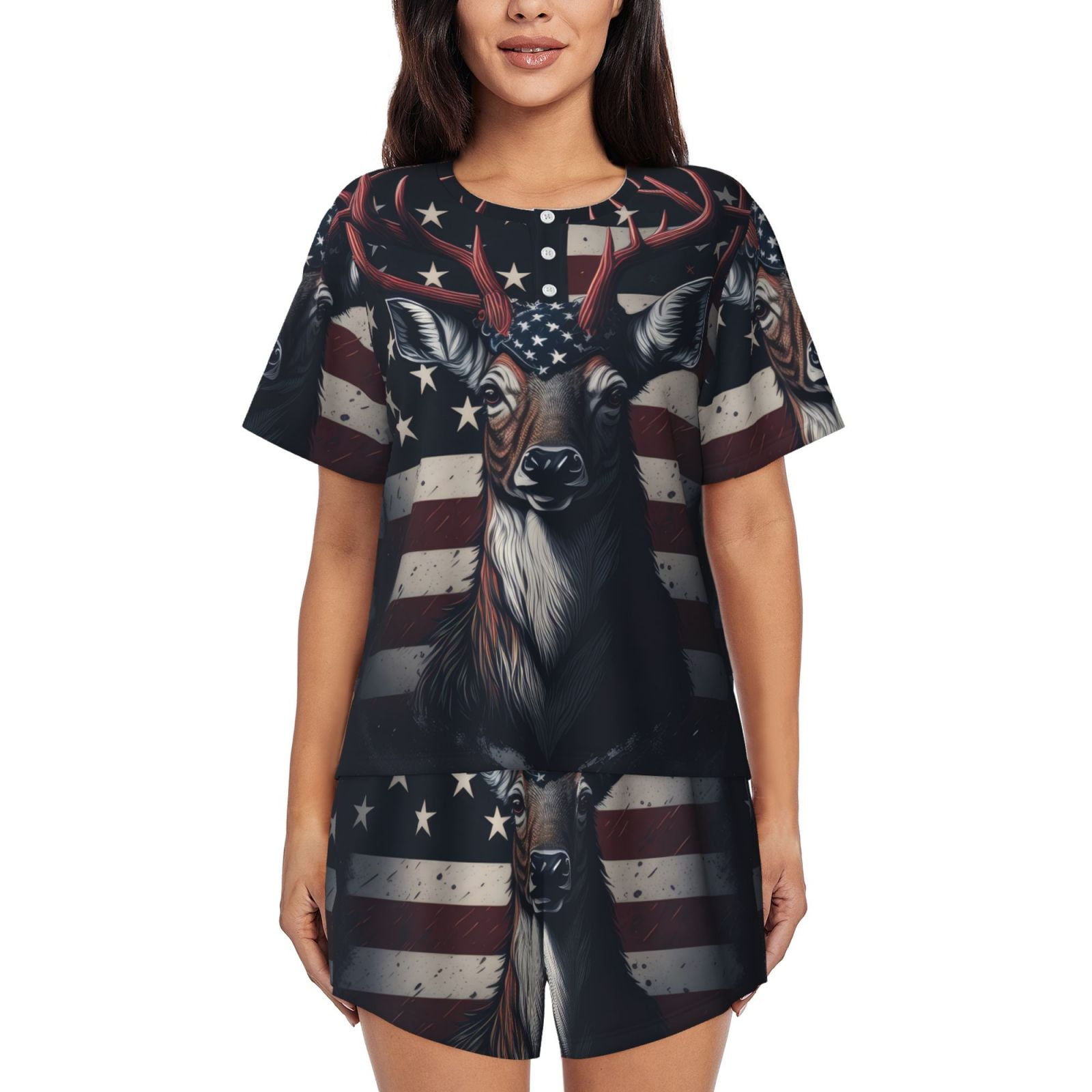 Goofa Vintage American Deer for Womens Cotton 2 Piece Pajamas Set ...
