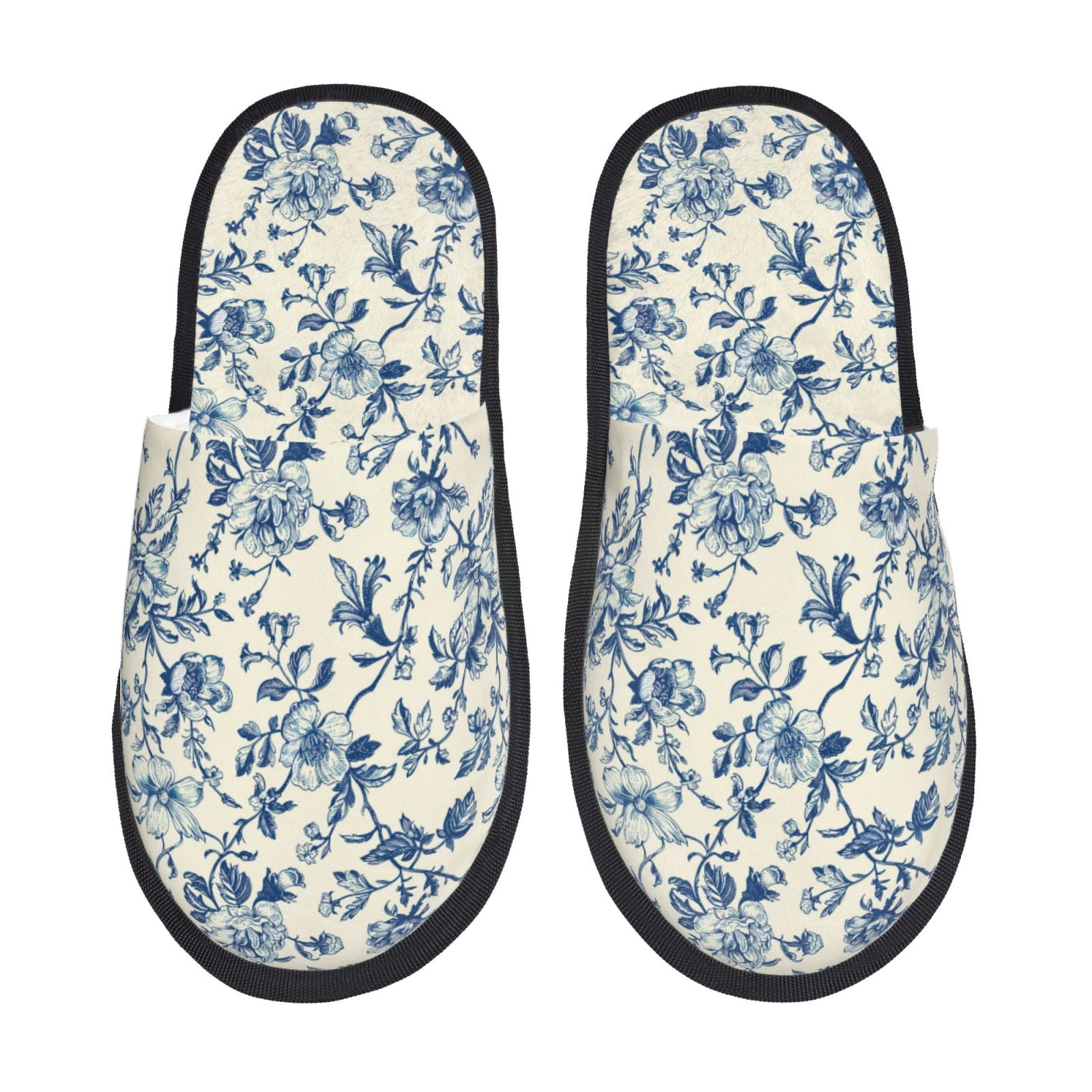 Goofa Vintage Blue Floral Pattern Plush Furry Slippers for Men & Women ...