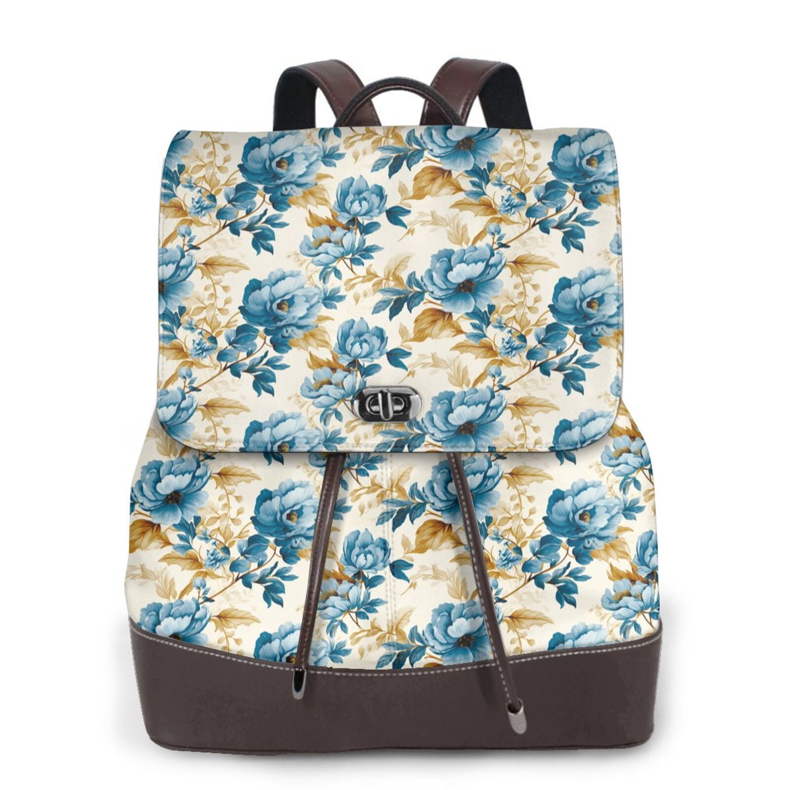 Goofa Vintage Blue Flowers for Leather Backpack Purse for Women Fashion ...