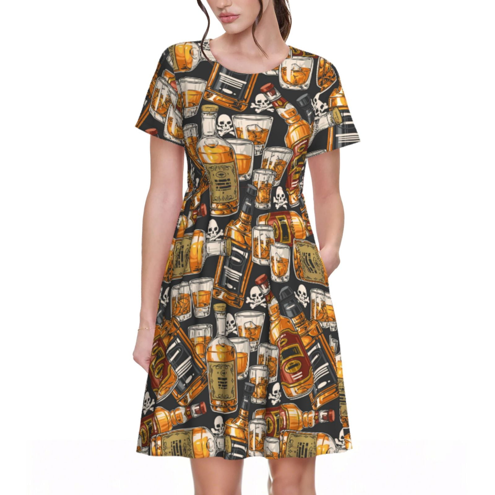 Goofa Vintage Bottles Pattern Women Summer Short Sleeve Midi Dress with ...