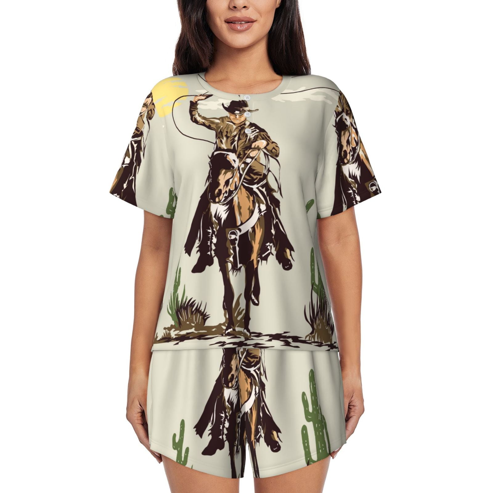 Goofa Vintage Cowboy Riding Horse for Womens Cotton 2 Piece Pajamas Set ...