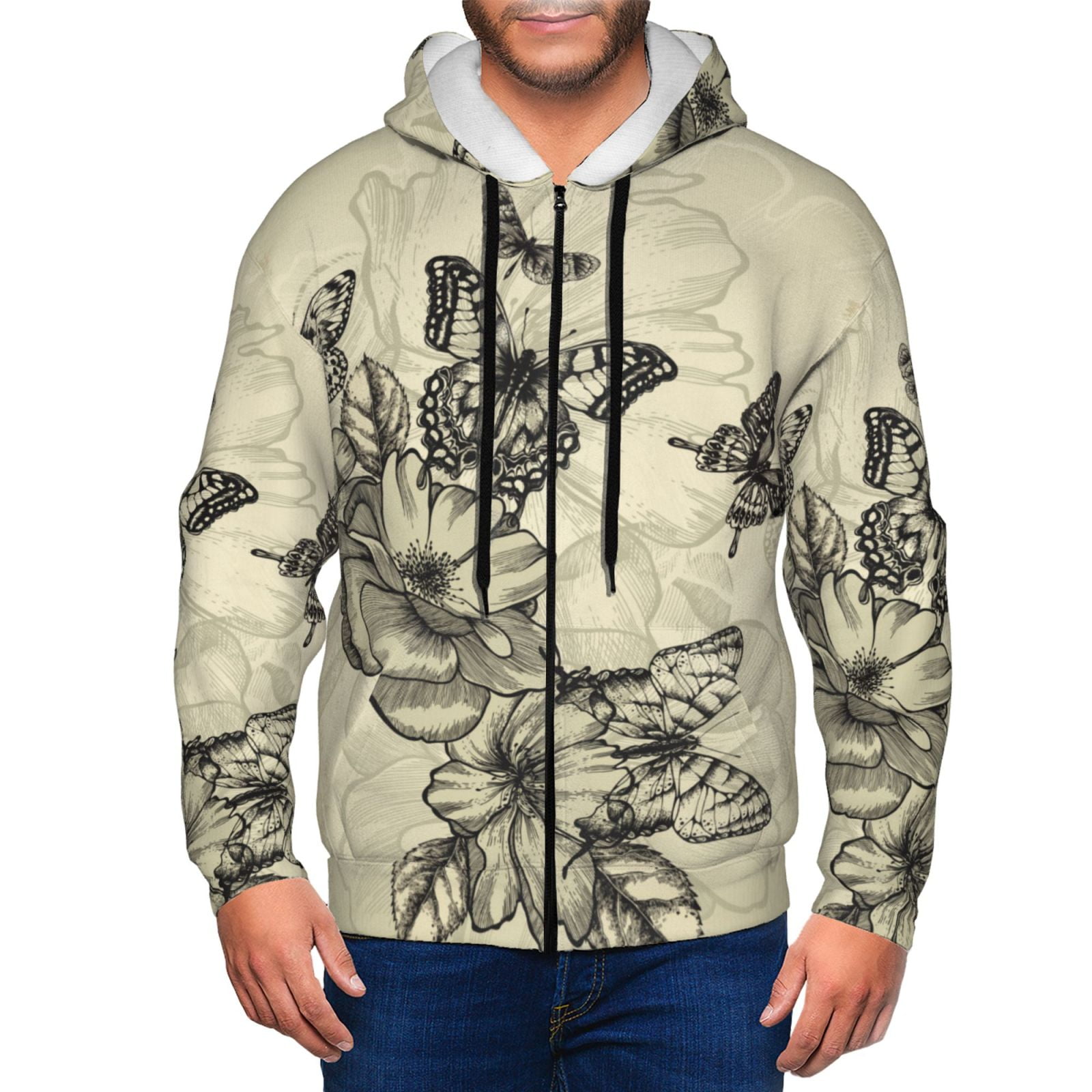 Goofa Vintage Floral Pattern Mens Full-zip Hoodie, Zip-up Pullover ...