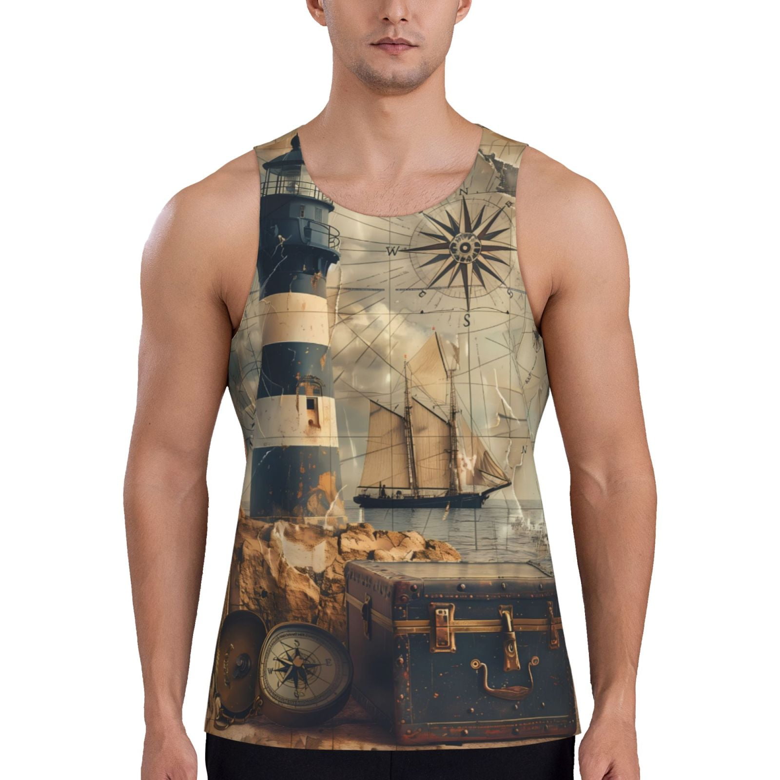 Goofa Vintage Nautical Lighthouse Pattern Men's Workout Tank Top Slim ...