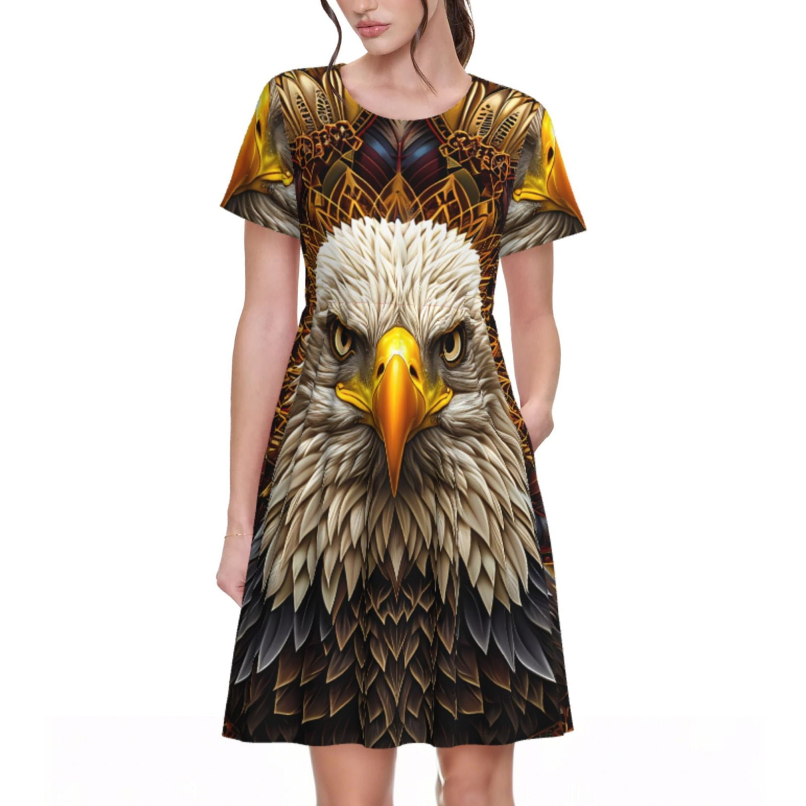 Goofa Vintage Pattern Bald Eagle Pattern Women Summer Short Sleeve Midi ...