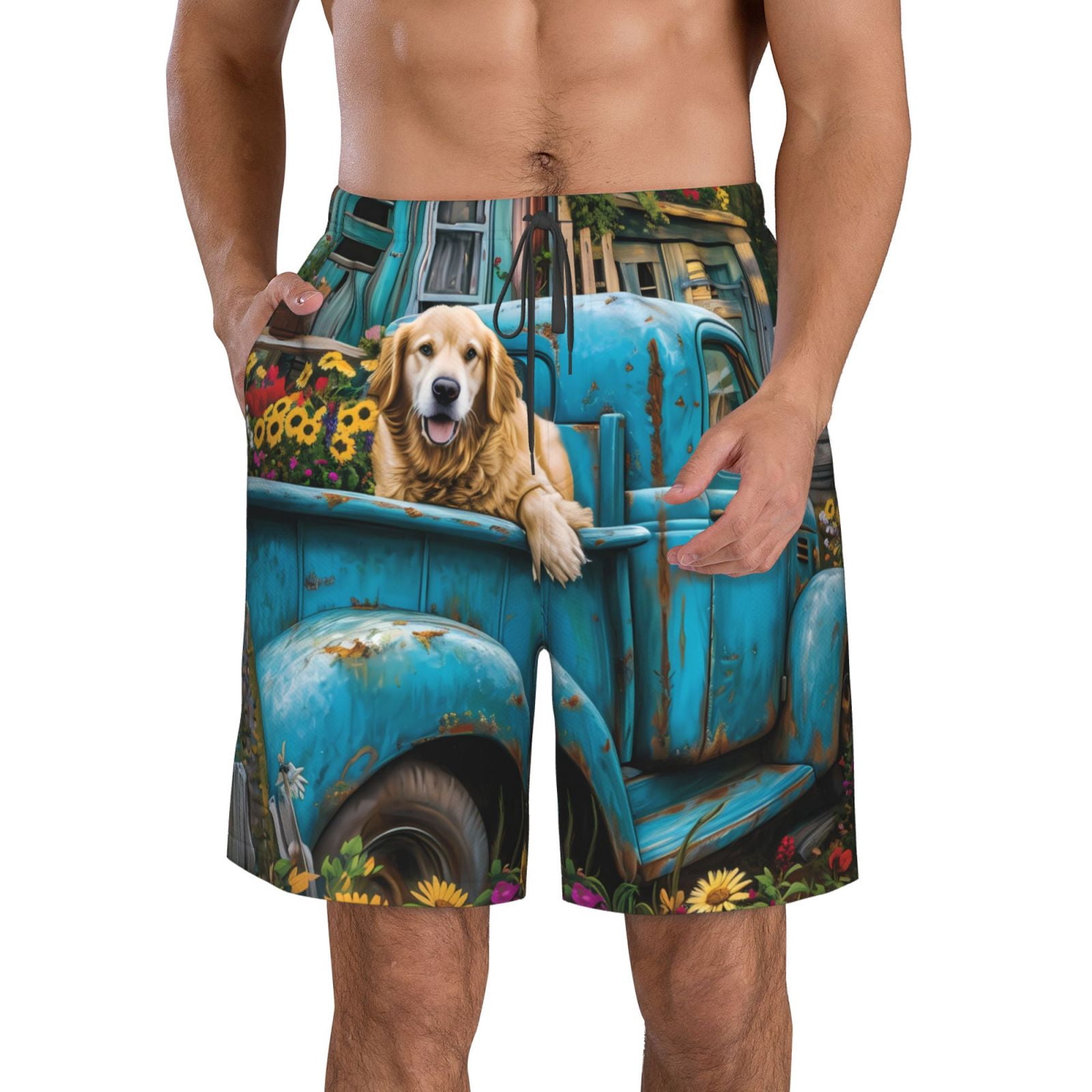 Goofa Vintage Pickup Sunflower Dog Printed Mens Swim Trunks Summer ...