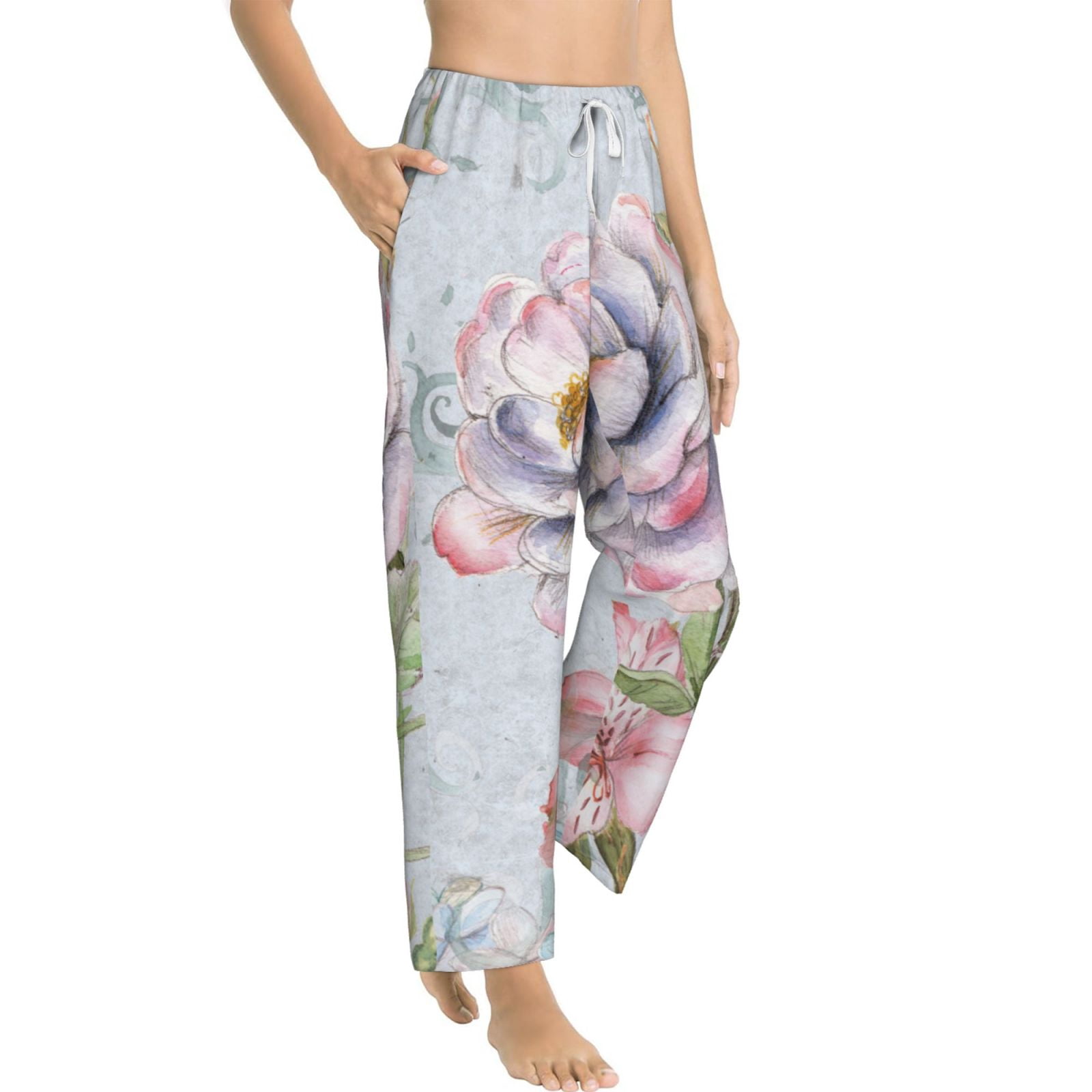 Goofa Vintage Rose Printed Soft Pajama Pants for Women, Wide Leg Comfy ...