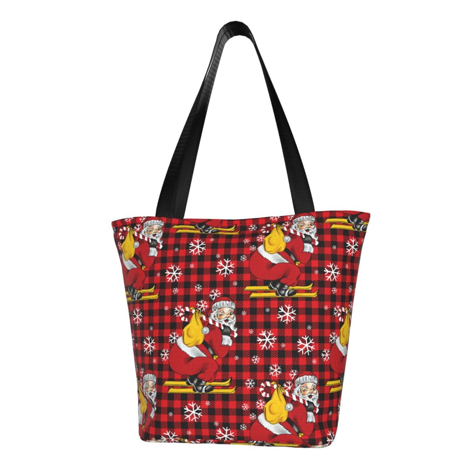 Goofa Vintage Santa Skiing Red Plaid Pattern Tote Bags,Large Capacity ...
