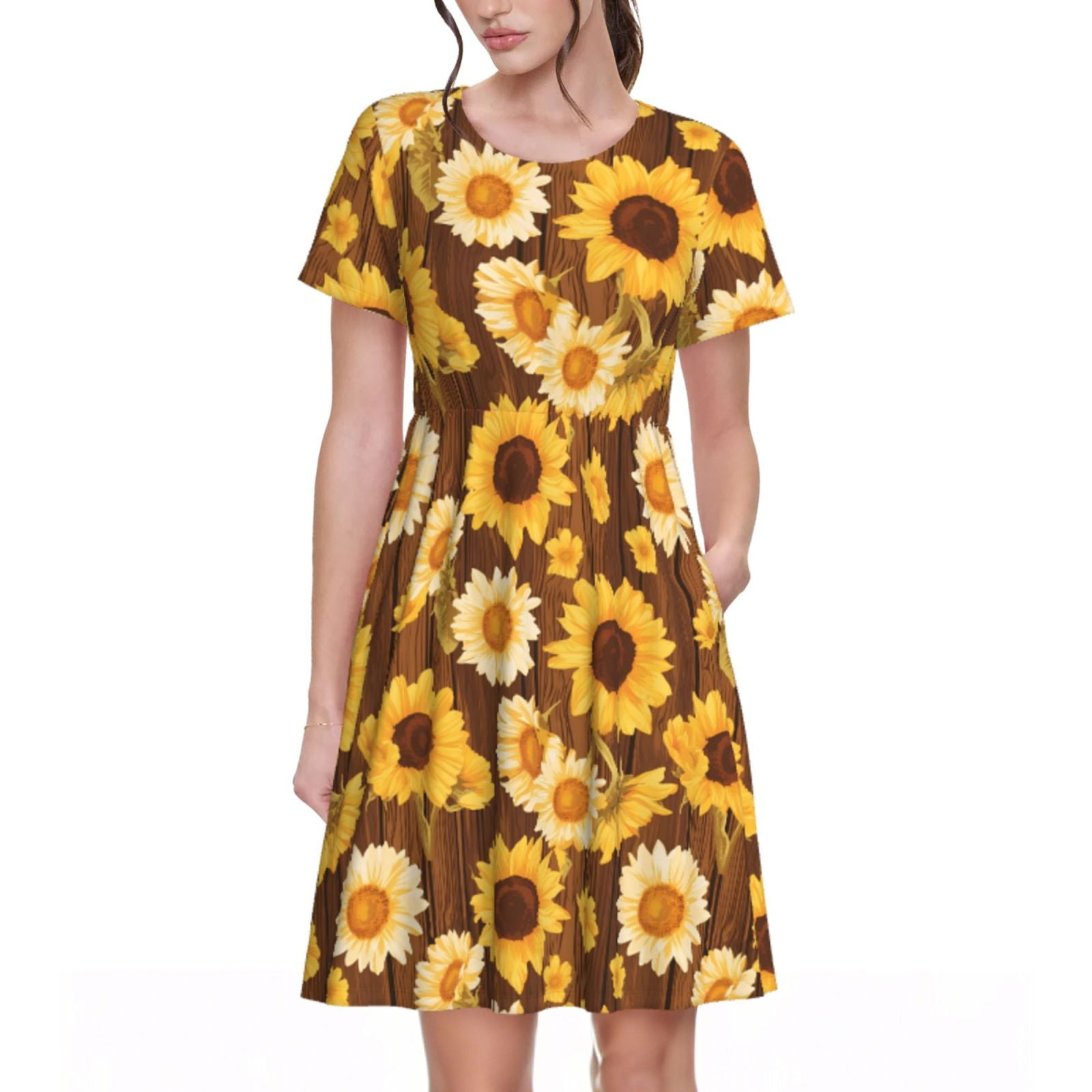 Goofa Vintage Wood Grain Sunflower A Pattern Women Summer Short Sleeve ...