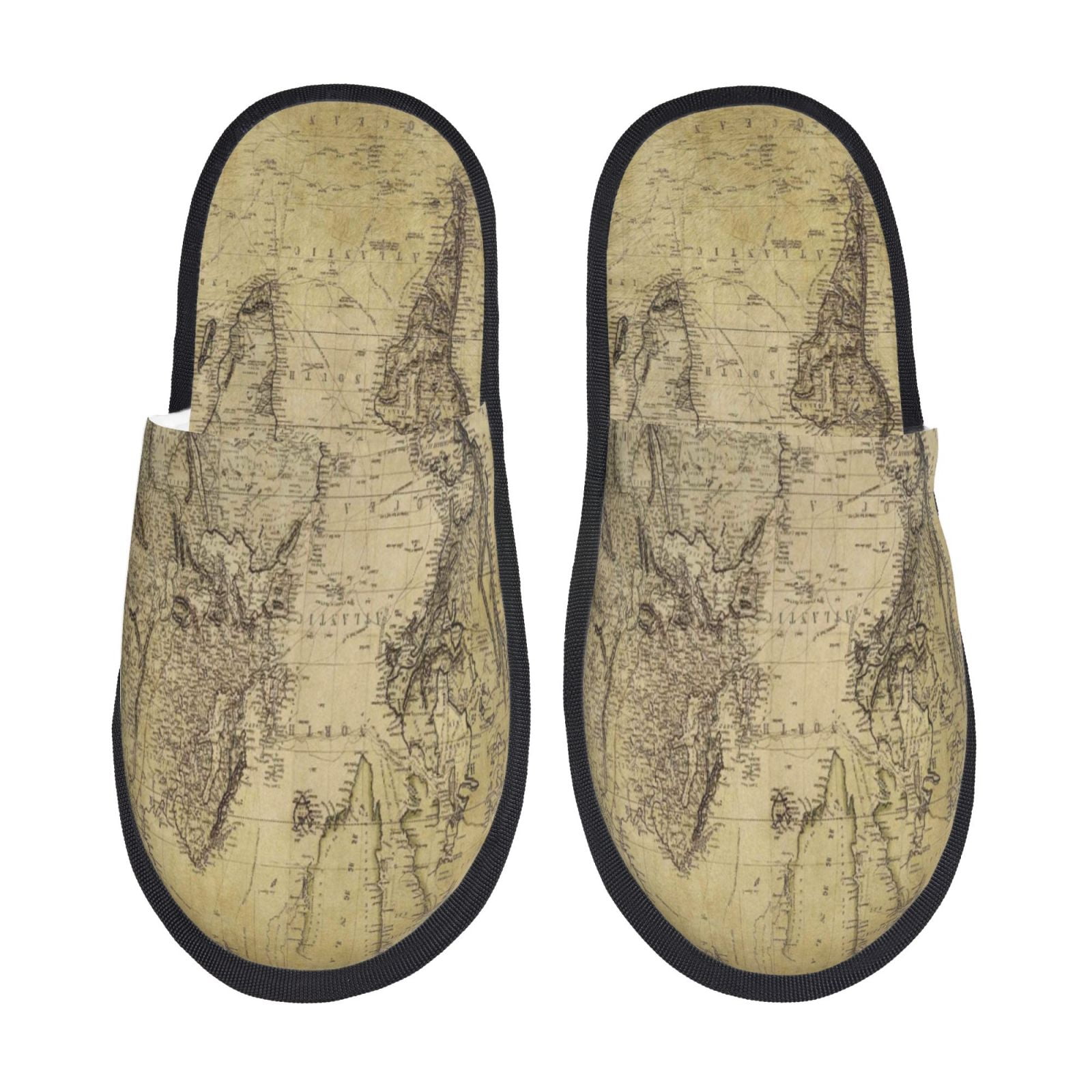 Goofa Vintage World Map Pattern Plush Furry Slippers for Men & Women ...