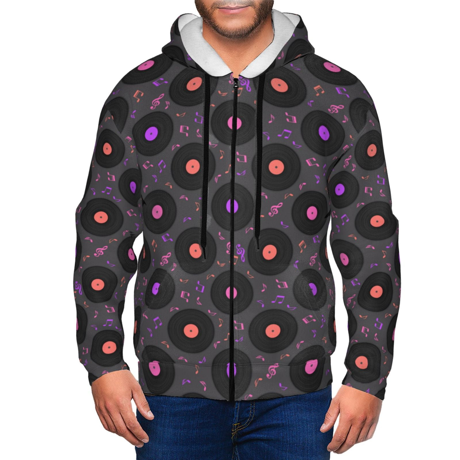 Goofa Vinyl Records Musical Notes Pattern Mens Full-zip Hoodie, Zip-up ...