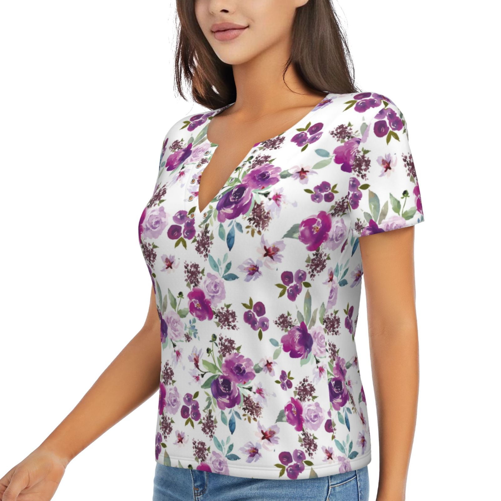 Goofa Violets Flowers Pattern Womens Deep V Neck Low Cut Tops Casual ...
