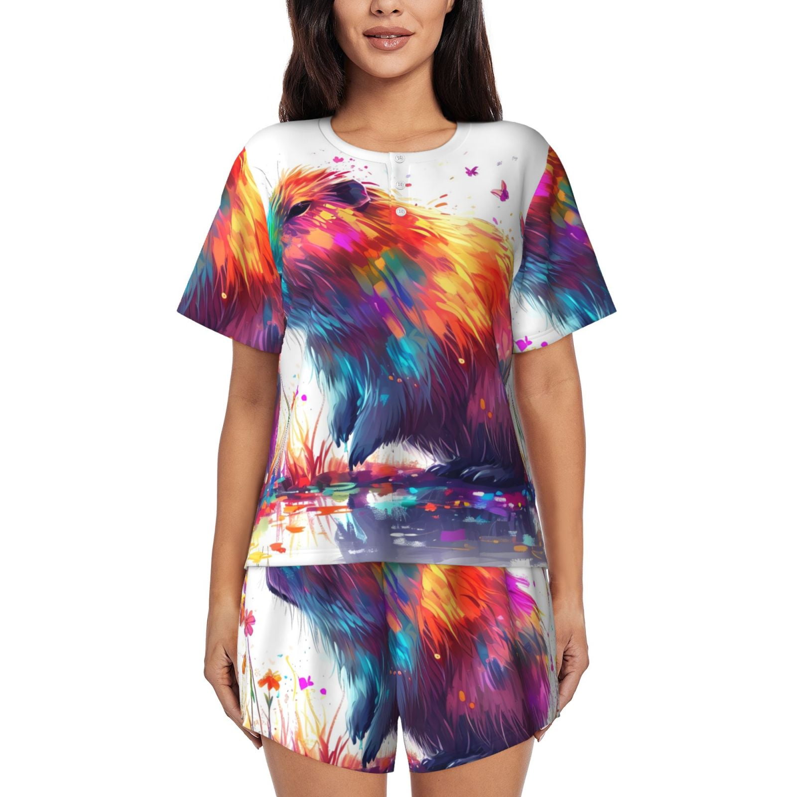 Goofa Watercolor Butterfly Guinea Pig for Womens Cotton 2 Piece Pajamas ...