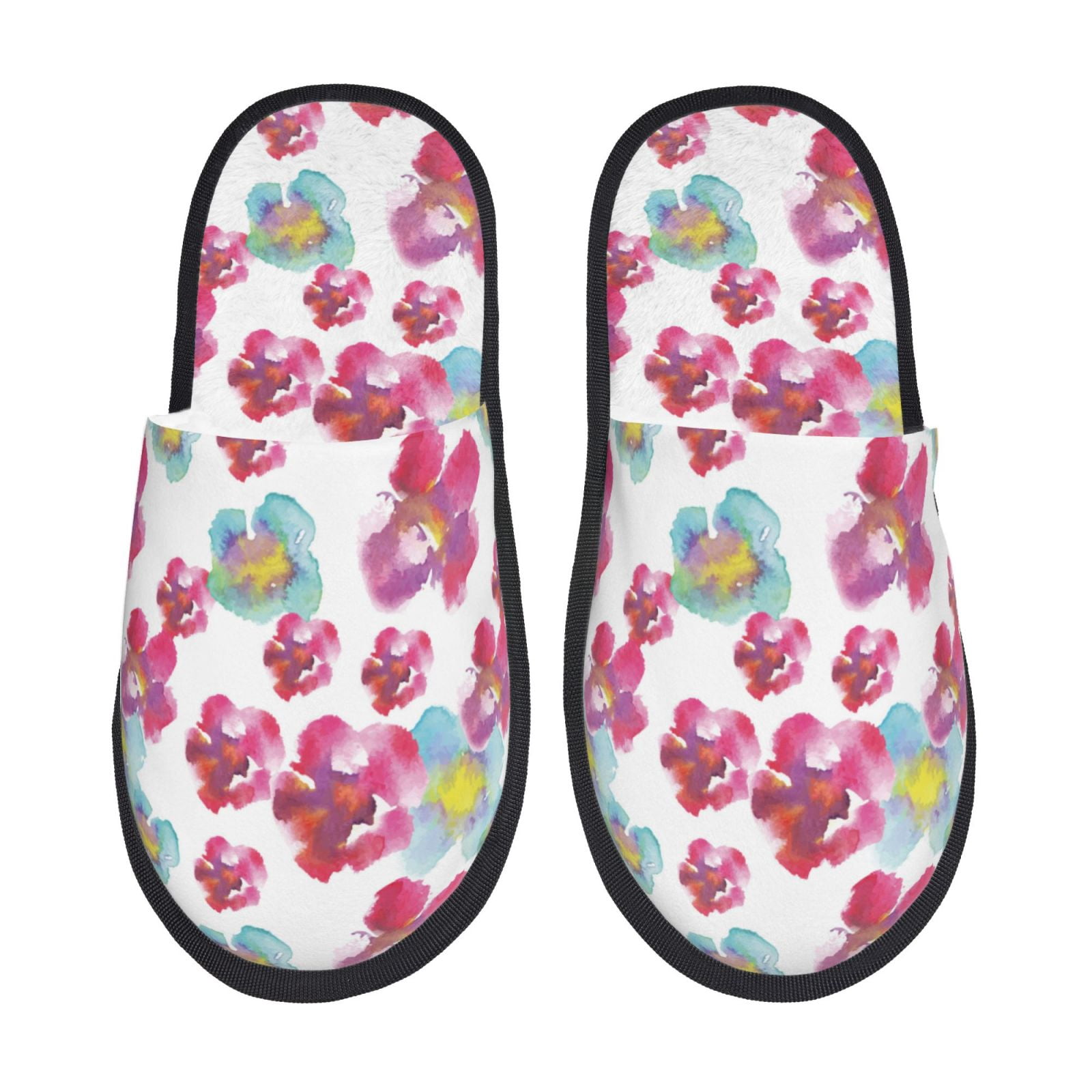 Goofa Watercolor Flowers Pattern Plush Furry Slippers for Men & Women ...