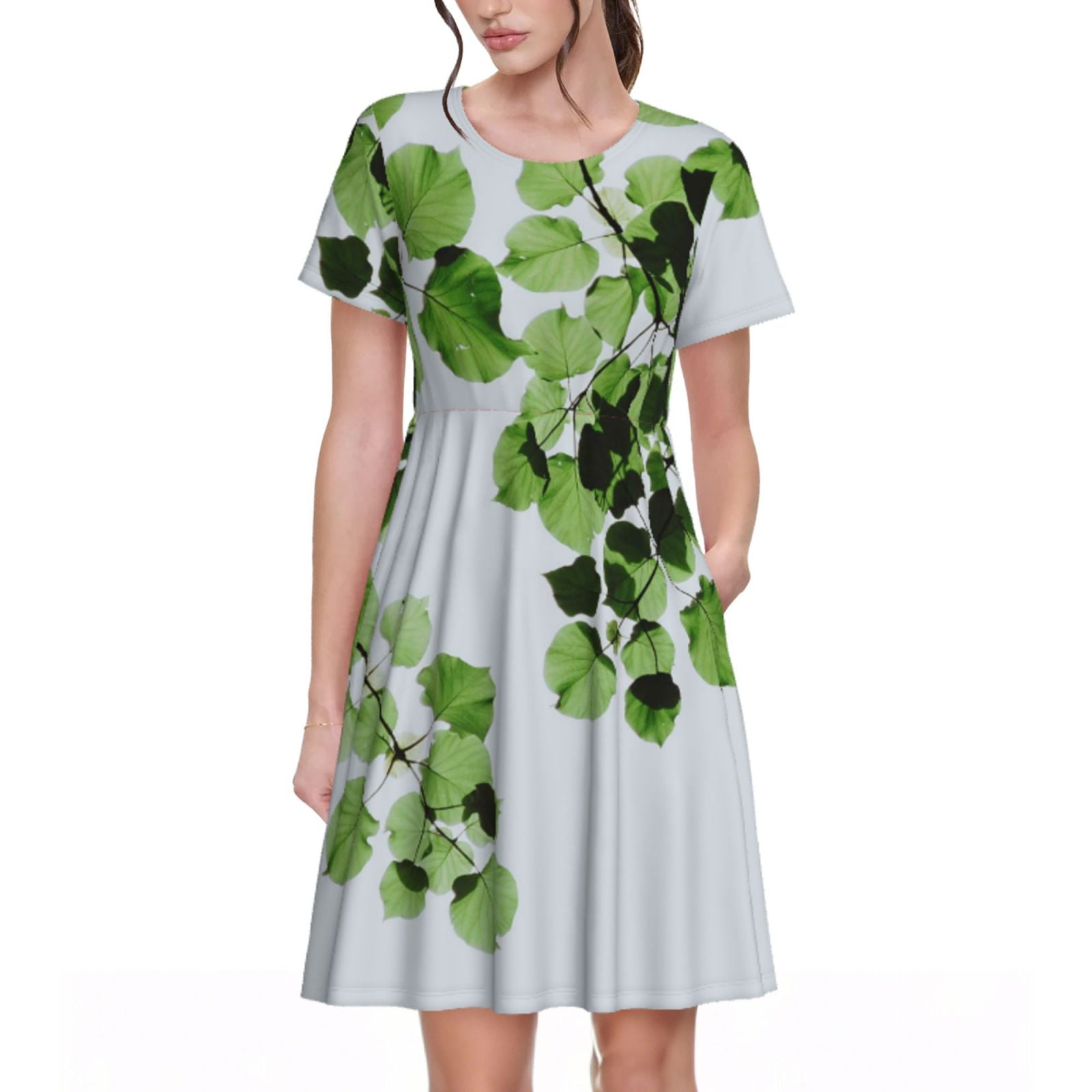Goofa Watercolor Green Leaves Pattern Women Summer Short Sleeve Midi ...