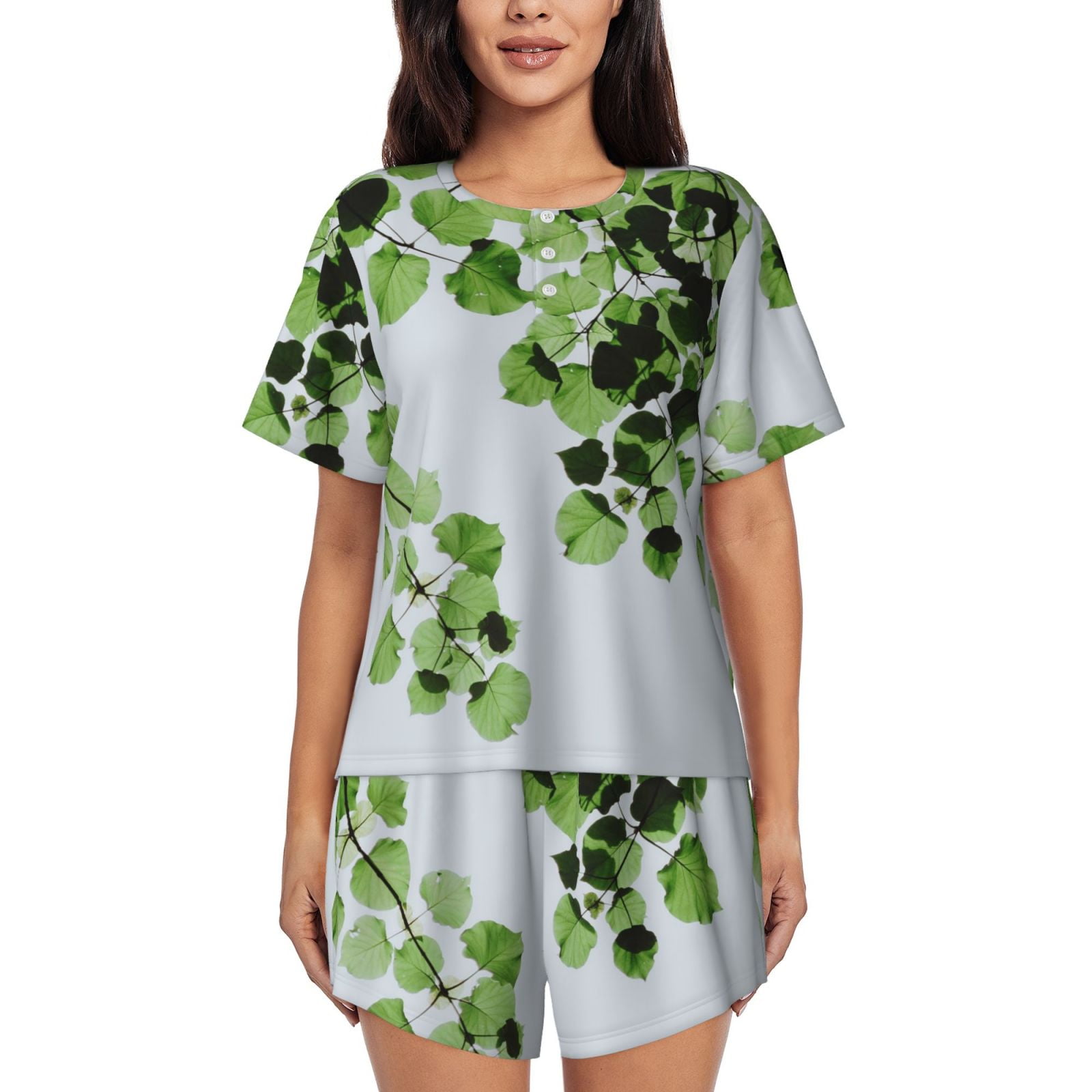 Goofa Watercolor Green Leaves for Womens Cotton 2 Piece Pajamas Set ...