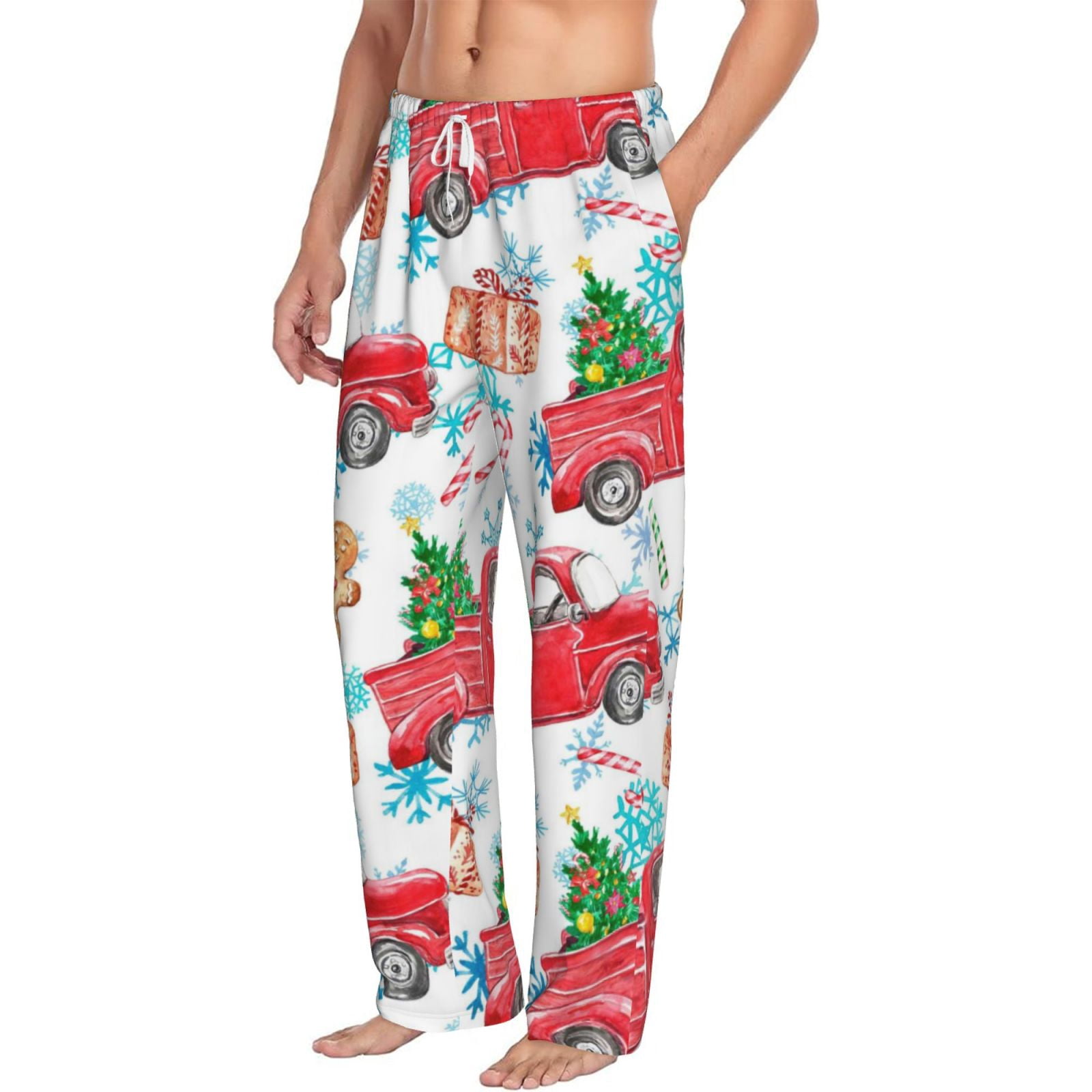 Goofa Watercolor Red Truck And Fir Tree Printed Soft Pajama Pants for ...