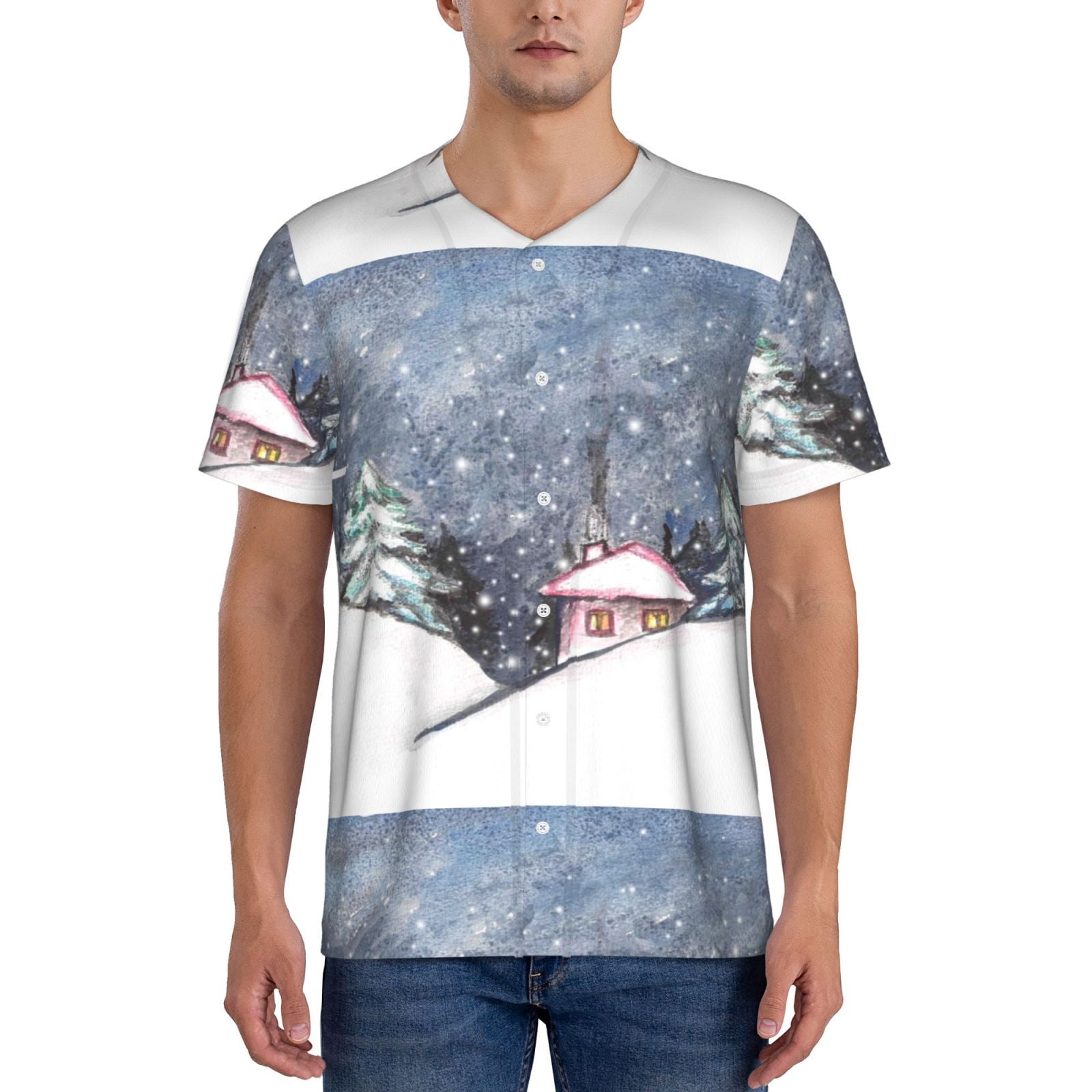 Goofa Watercolor Winter Landscape For Christmas Pattern Mens Golf Shirt ...