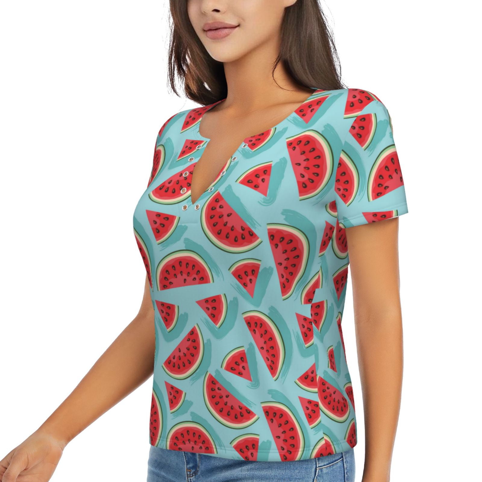 Goofa Watermelon Pattern Womens Deep V Neck Low Cut Tops Casual Summer ...