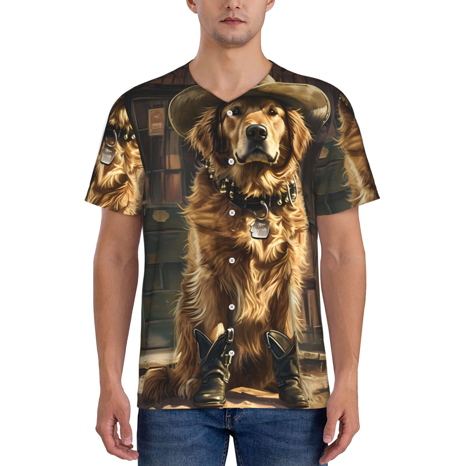 Goofa Western Cowboy Golden Retriever Pattern Mens Golf Shirt Baseball ...