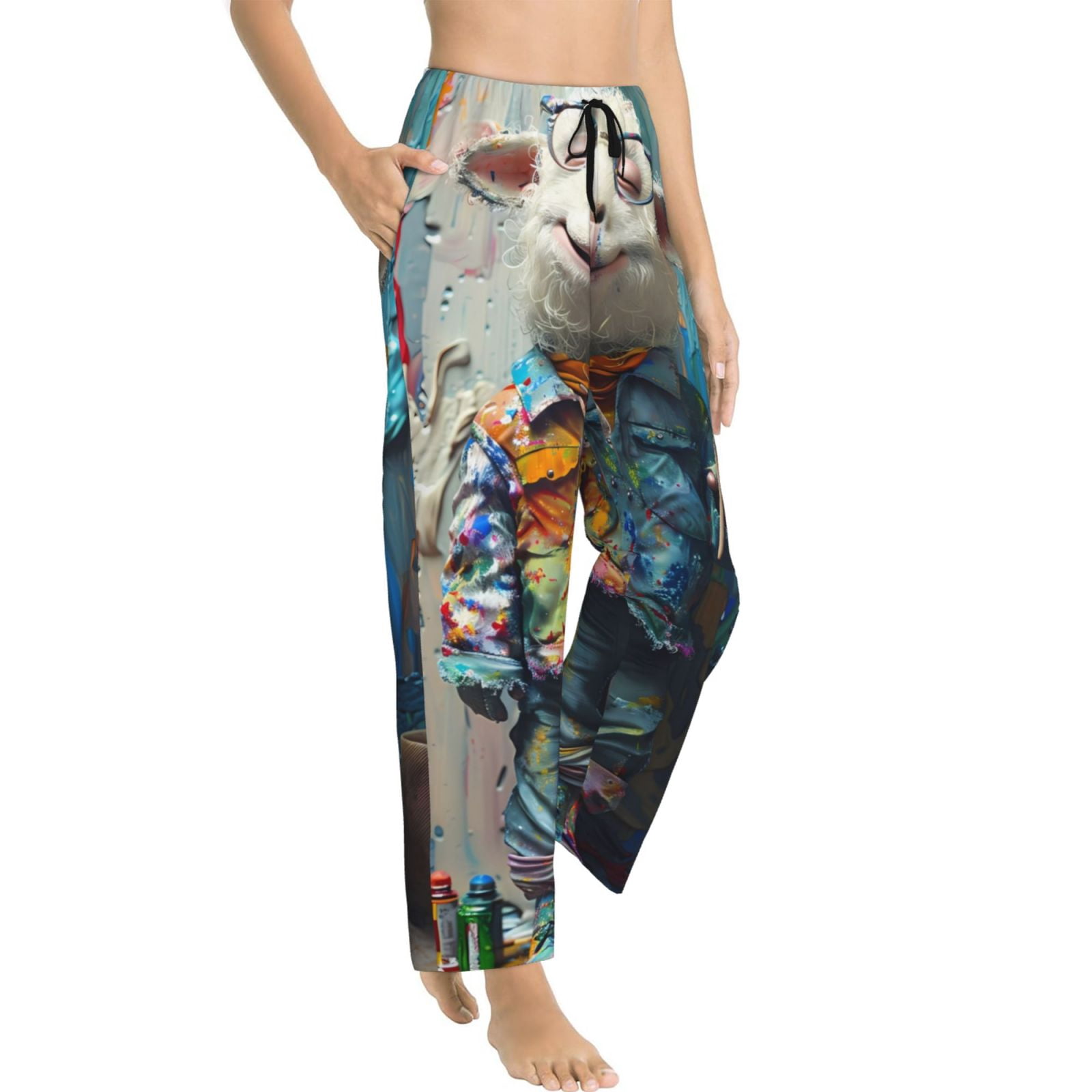 Goofa Whimsical Goat Artist Printed Soft Pajama Pants for Women, Wide ...