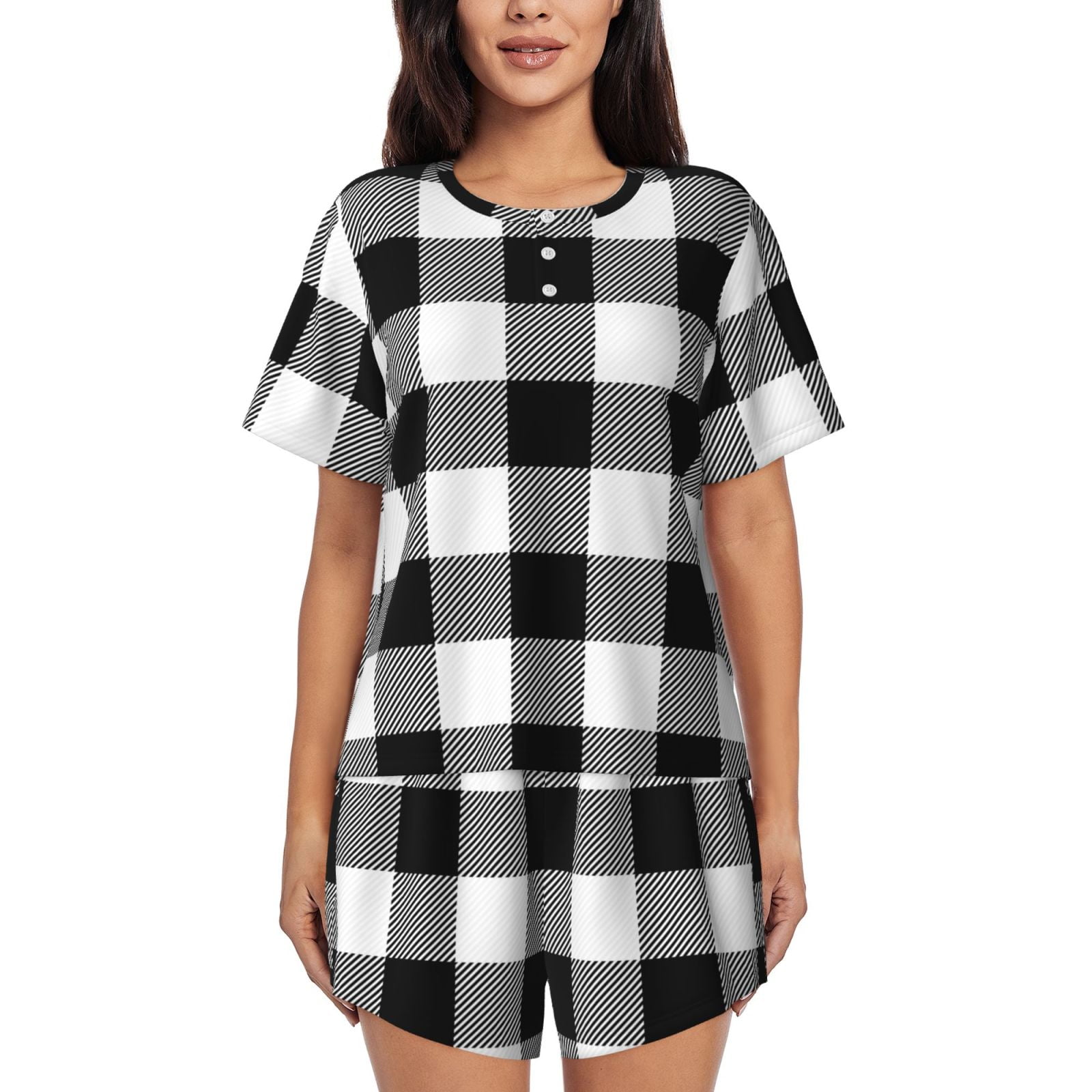 Goofa White And Black Plaid for Womens Cotton 2 Piece Pajamas Set ...