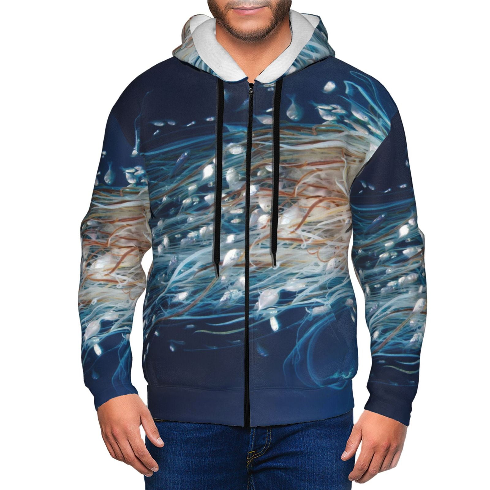 Goofa White Jellyfish Dansing in the Ocean Pattern Mens Full-zip Hoodie ...