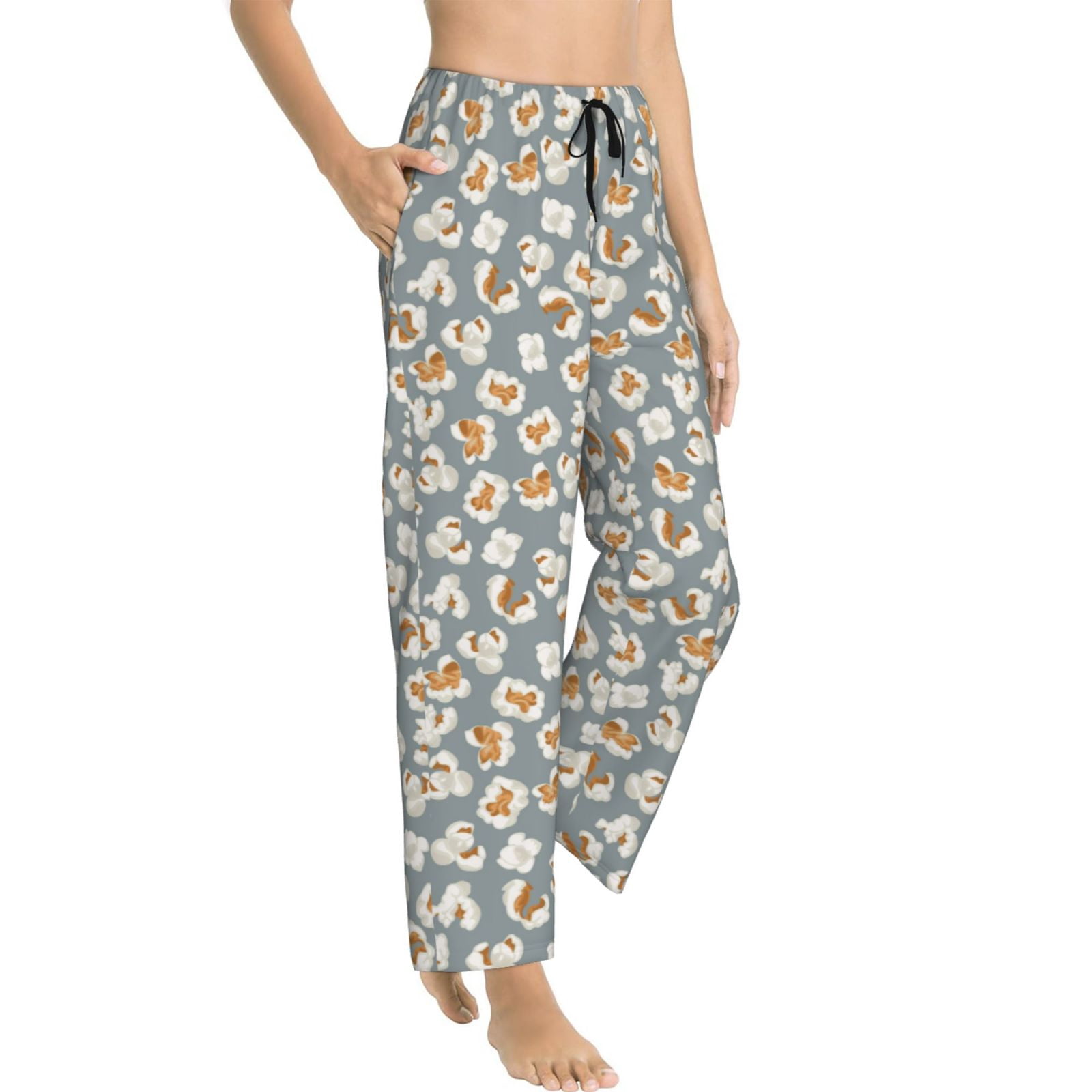 Goofa White Popcorn Printed Soft Pajama Pants for Women, Wide Leg Comfy ...