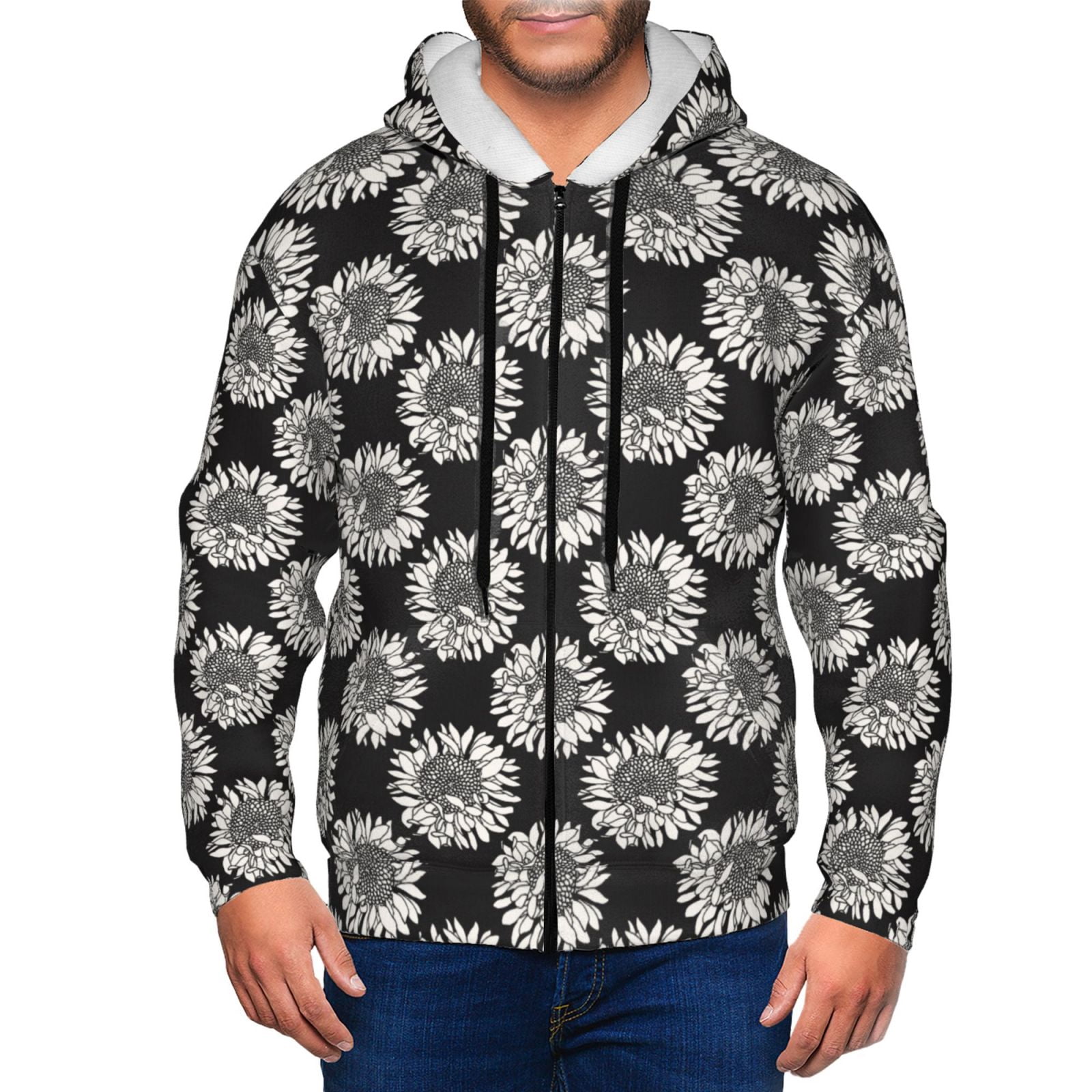 Goofa White Sunflowers Pattern Mens Full-zip Hoodie, Zip-up Pullover ...