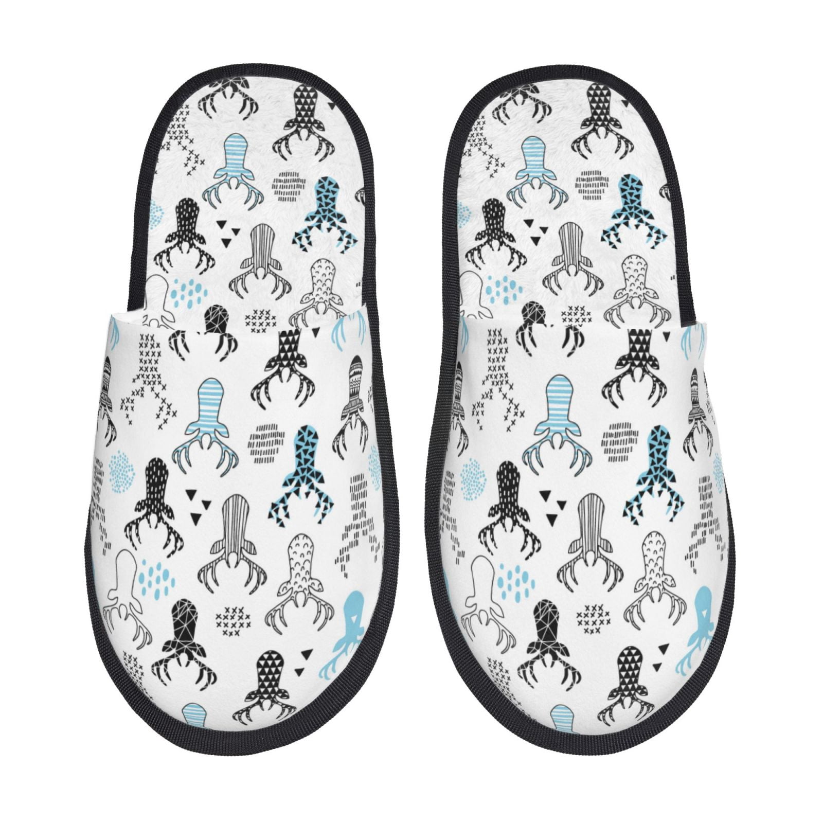 Goofa Winter Art Blue and Black Moose Pattern Plush Furry Slippers for ...