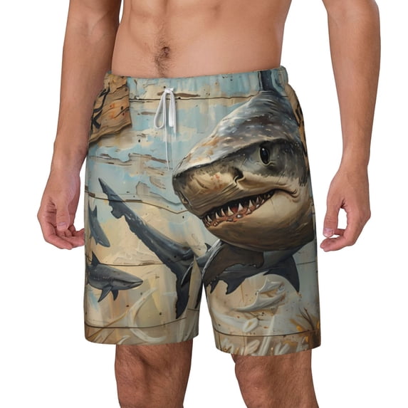 Goofa Wood Grain Shark Printed Men's Swim Trunks Board Shorts Quick Dry ...