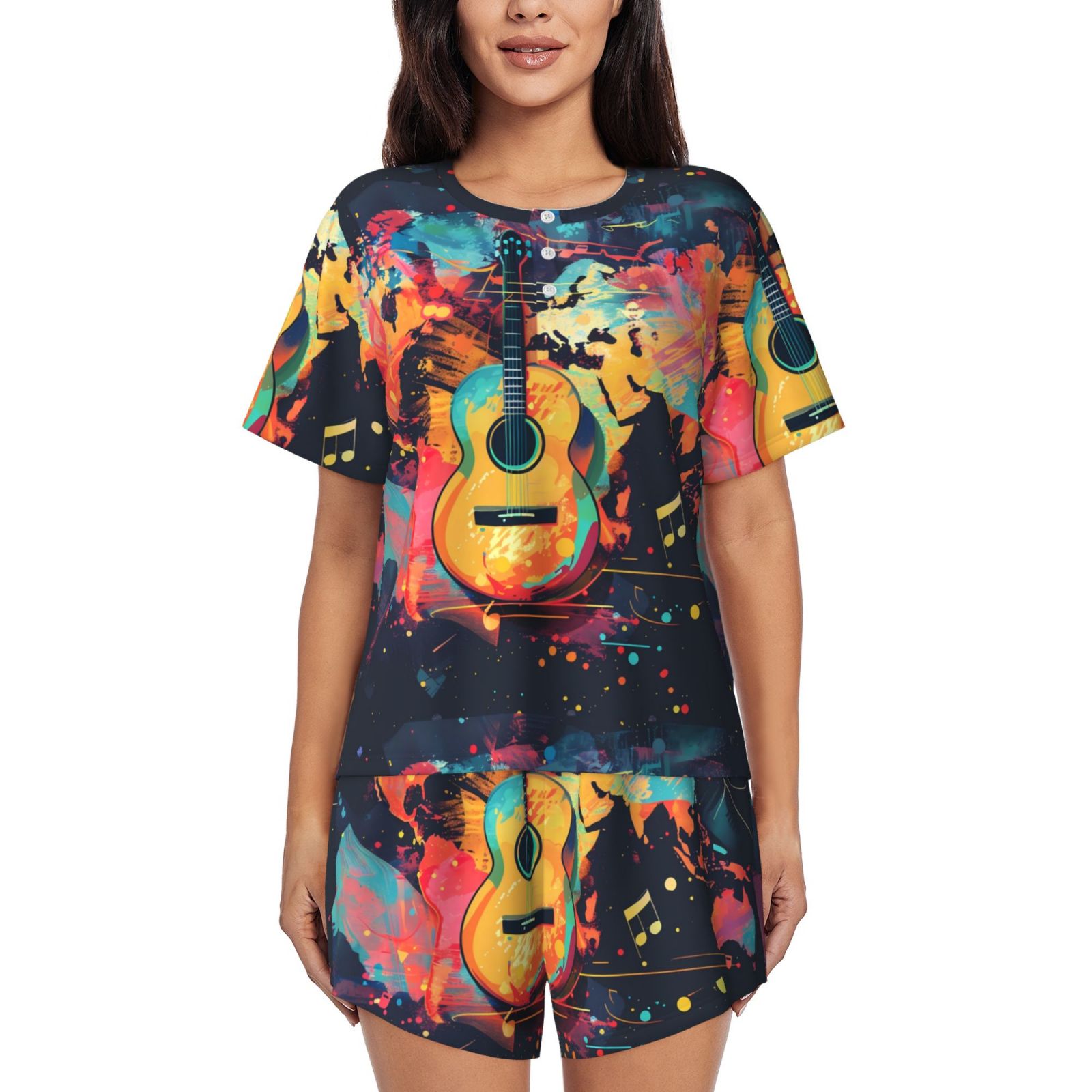 Goofa World Map Guitar Illustration for Womens Cotton 2 Piece Pajamas ...