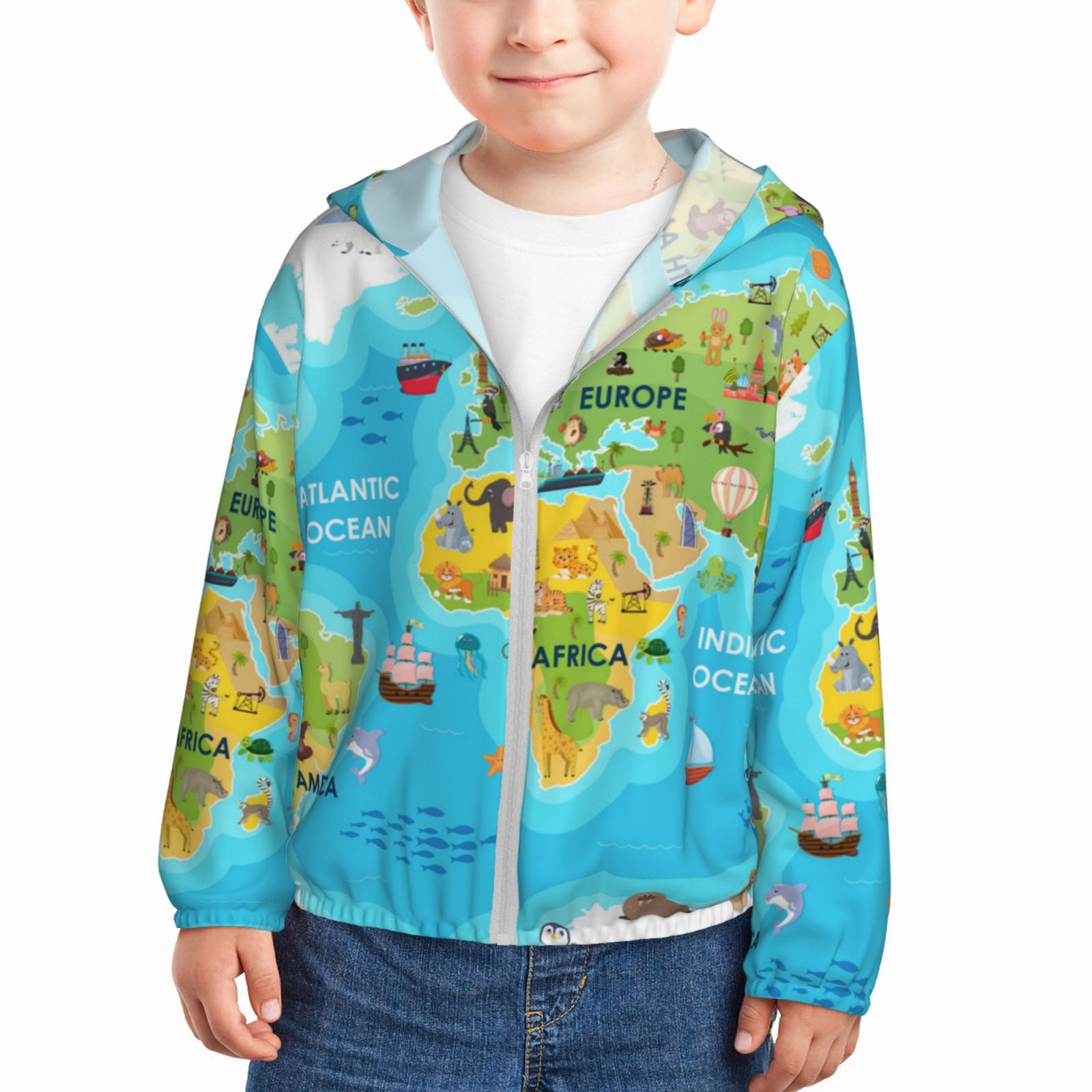 Goofa World Map With Animals Landmarks Printed Kids Zip-Up Hoodie Girls Boys UPF50+ Sun ...