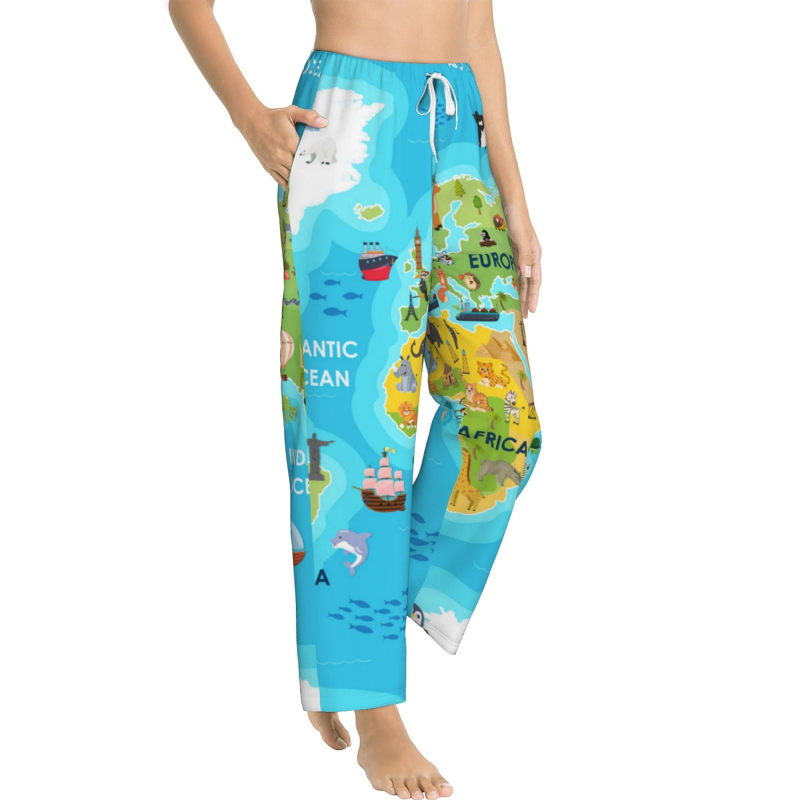 Goofa World Map With Animals Landmarks Printed Soft Pajama Pants for ...