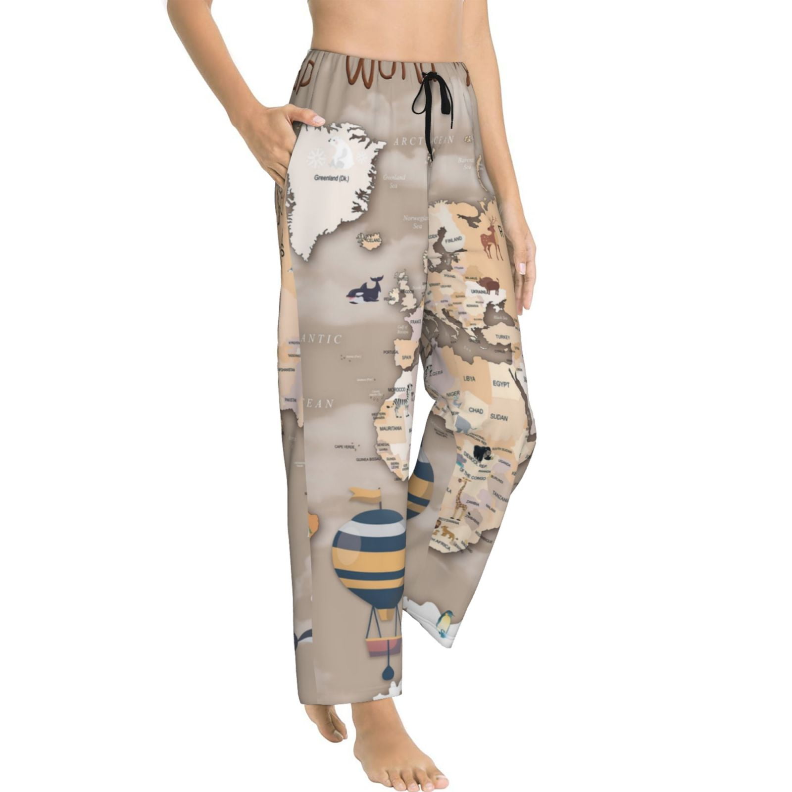 Goofa World Map With Animals Printed Soft Pajama Pants for Women, Wide ...