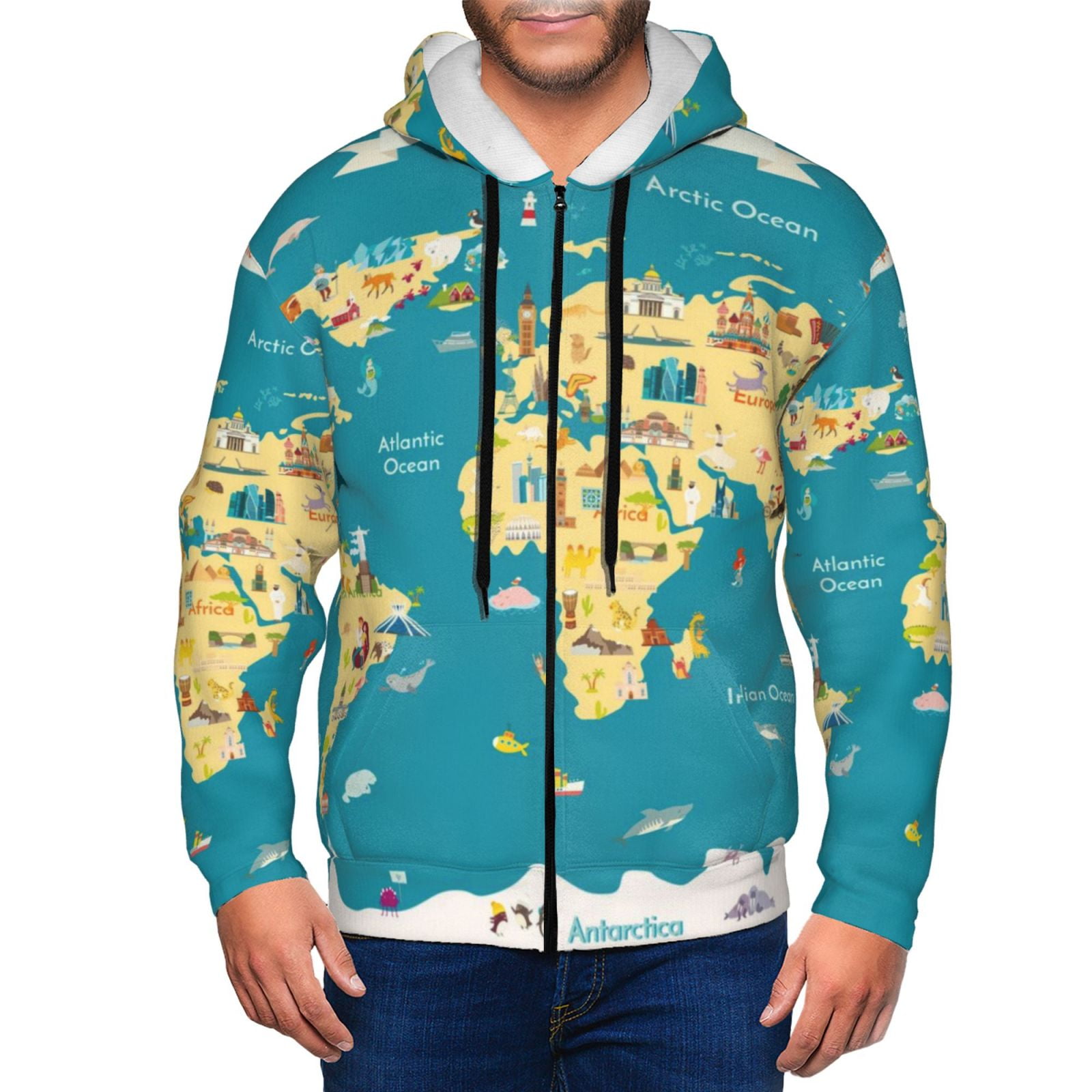 Goofa World Map With Landmarks Pattern Mens Full-zip Hoodie, Zip-up ...