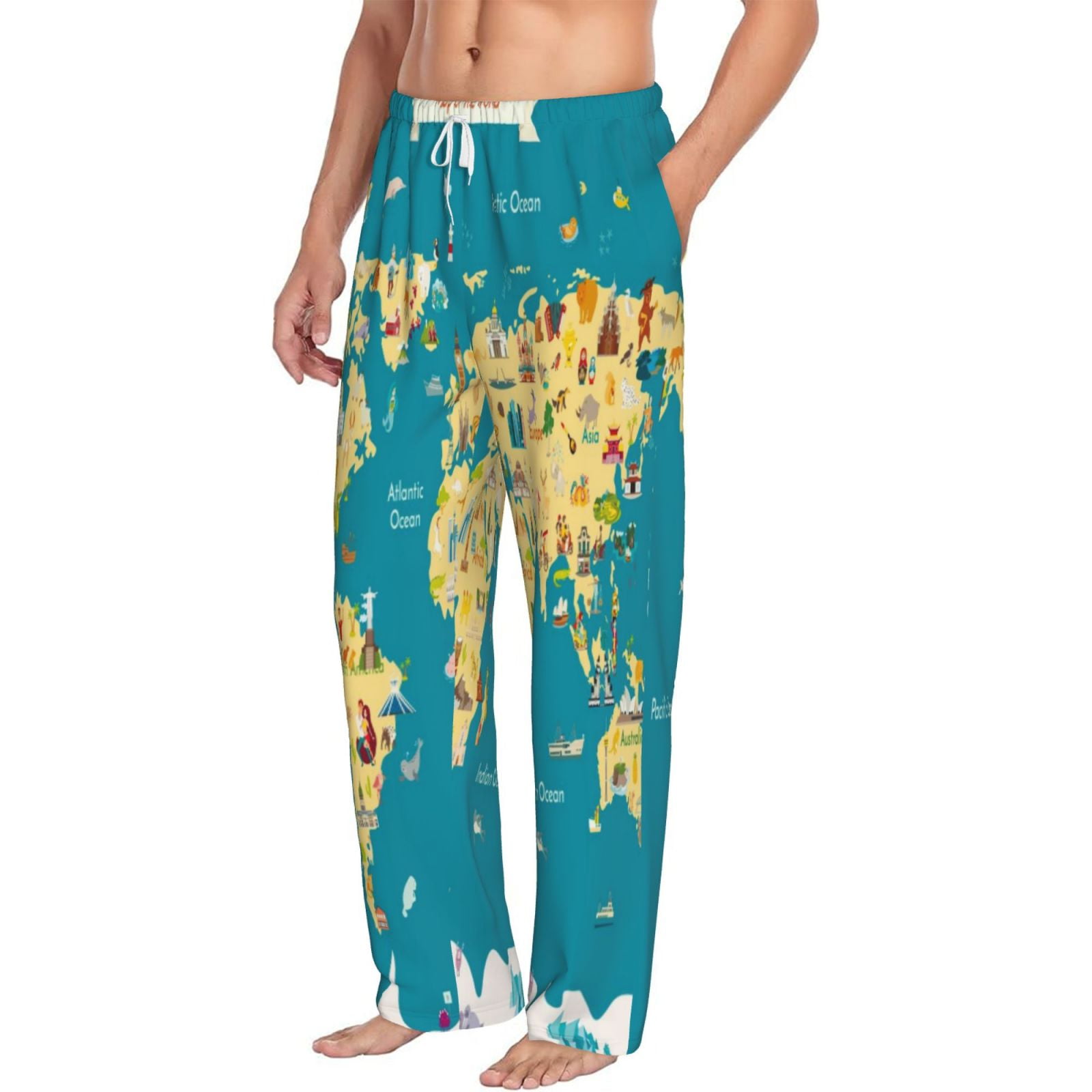 Goofa World Map With Landmarks Printed Soft Pajama Pants for Men, Wide ...