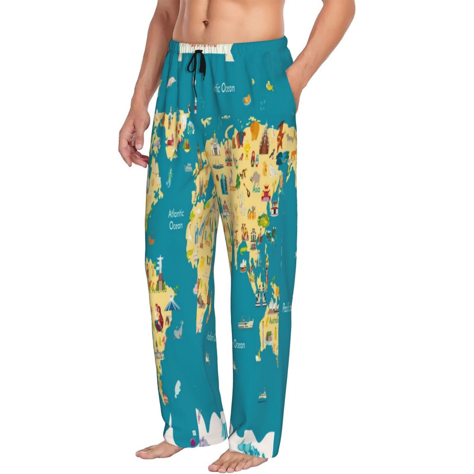 Goofa World Map With Landmarks Printed Soft Pajama Pants for Men, Wide ...